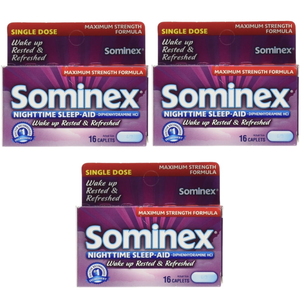 3 Pack Sominex Nighttime Sleep-Aid Maximum Strength 16 Caplets Each ...