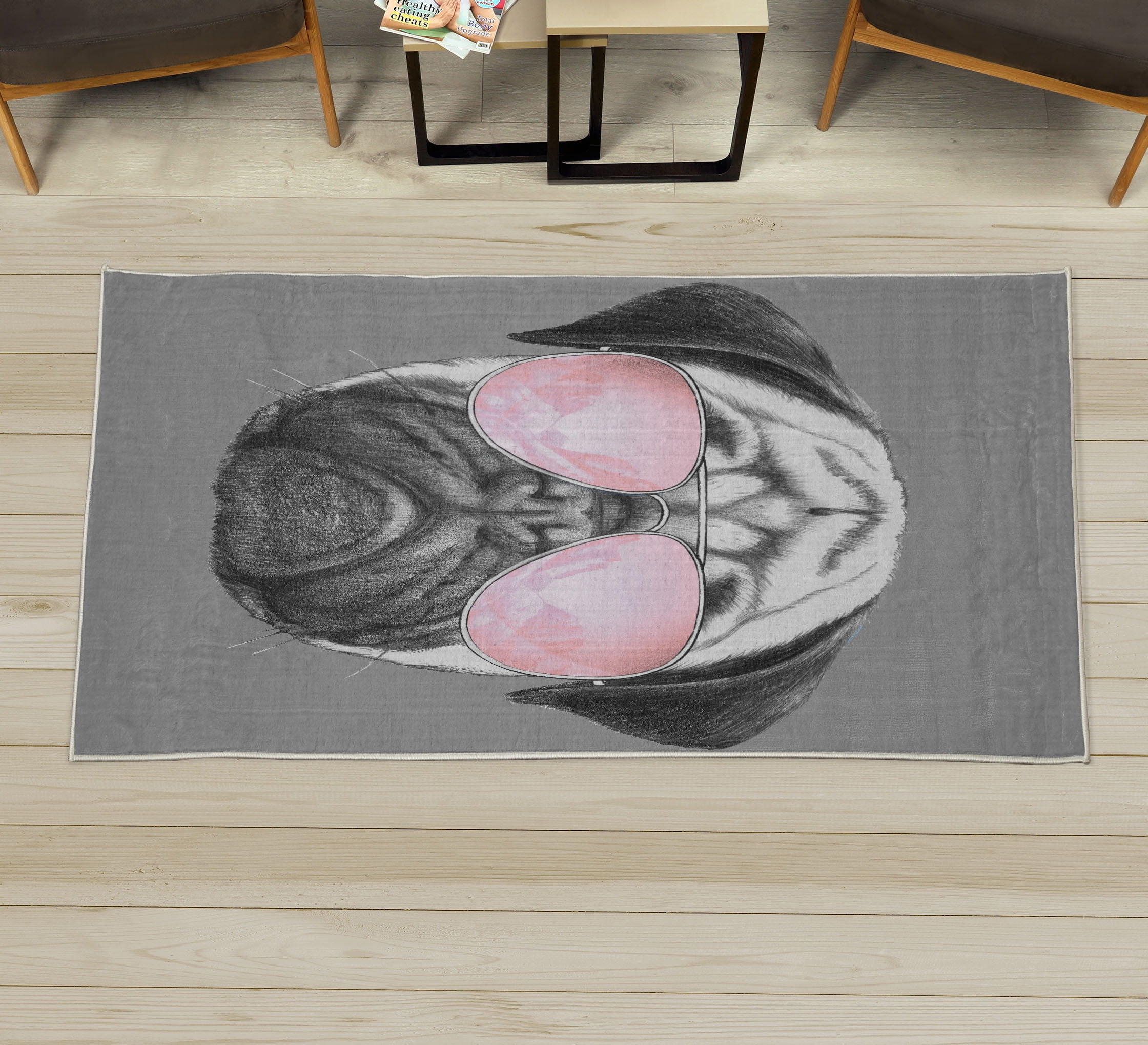 Pug Decorative Rug, Dog Portrait Mirror Sunglasses Hand Drawn ...