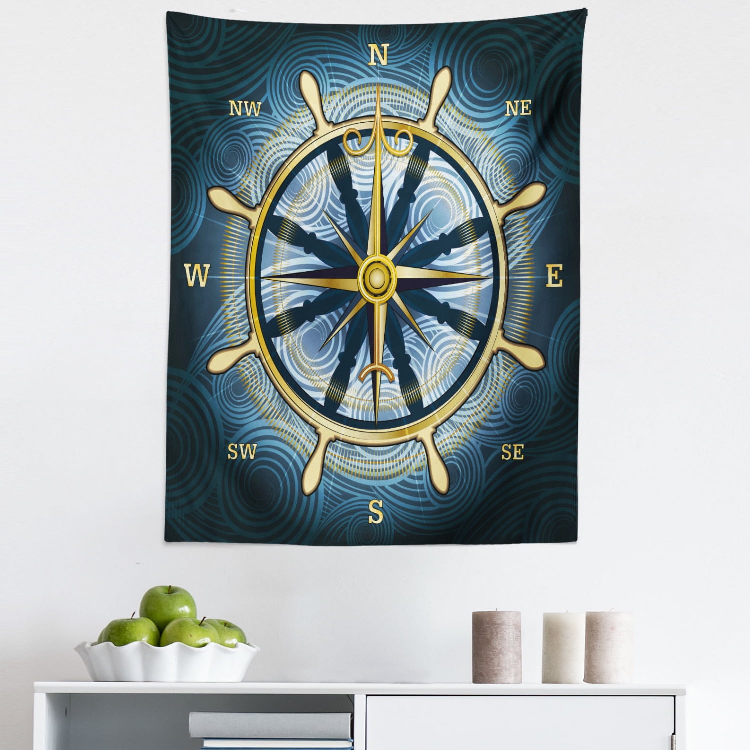 Compass Tapestry, Navigation Theme Compass with Windrose and Helm on a ...
