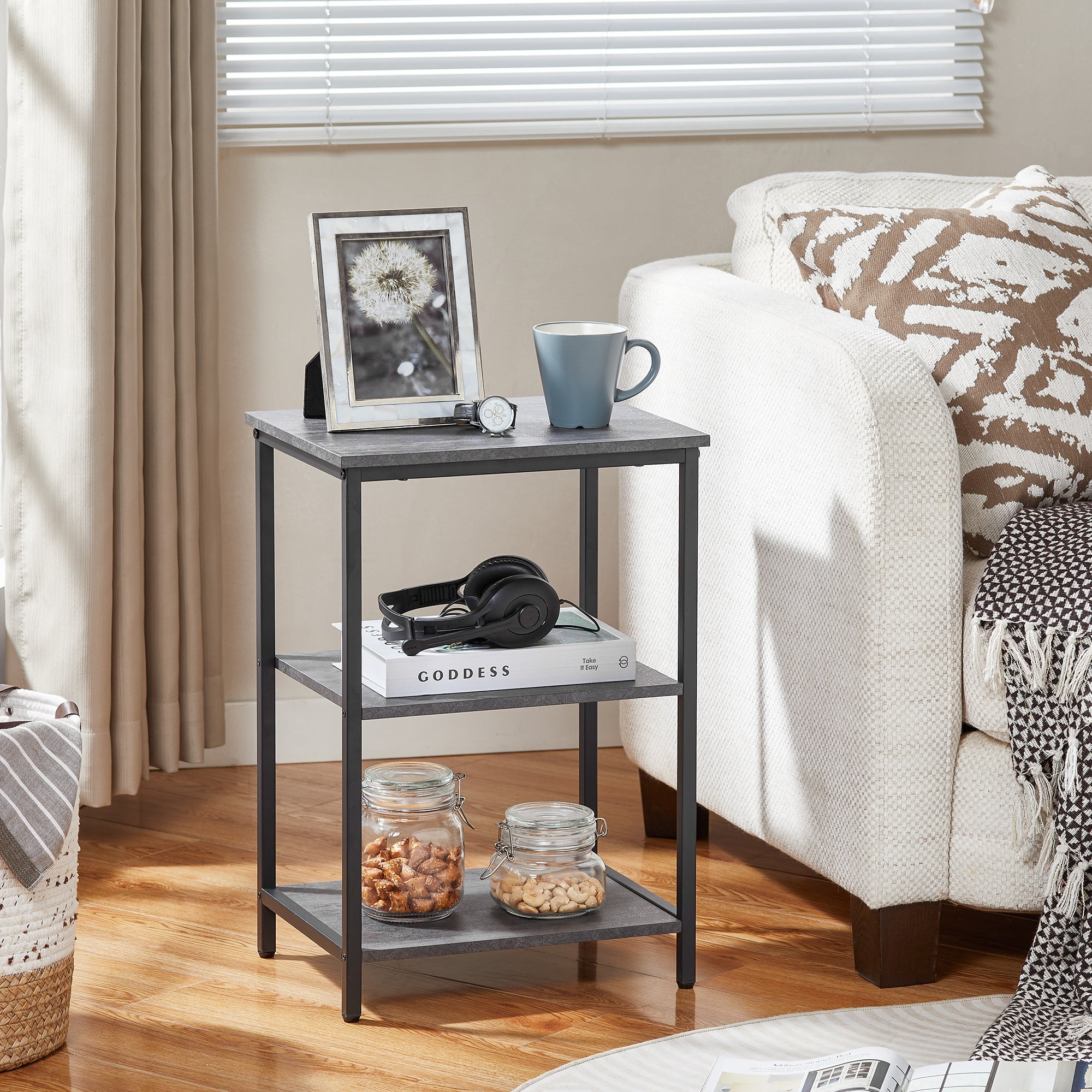 VECELO 3-Tier Side Table With Wood Storage Shelf, Industrial Nightstand ...