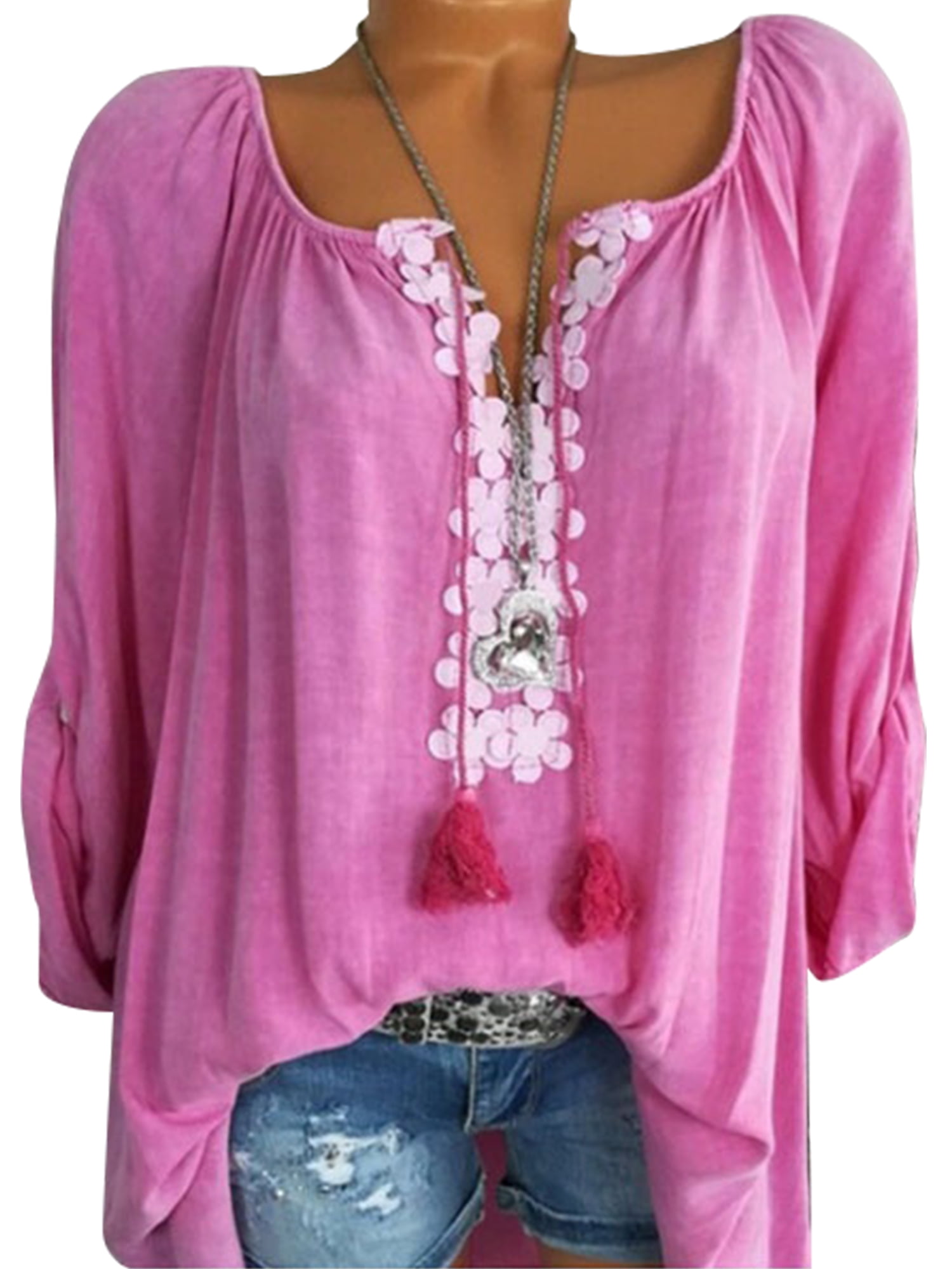 Plus Size Tops For Women Casual V Neck Tops Shirt Ladies Lace Stitching