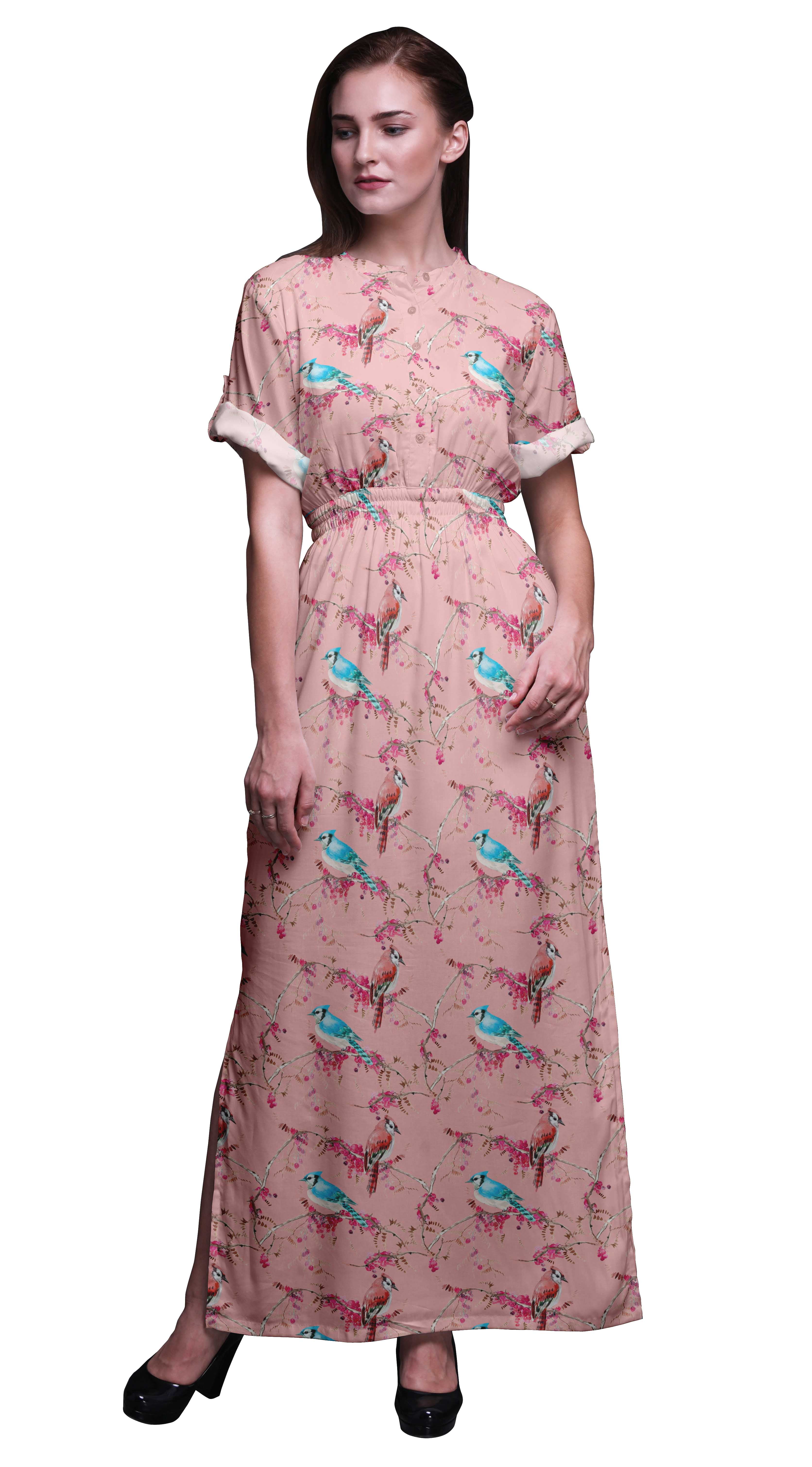 Bimba Rayon Red Berries & Bulbul Bird Ladies Long Gown Boho Beach ...