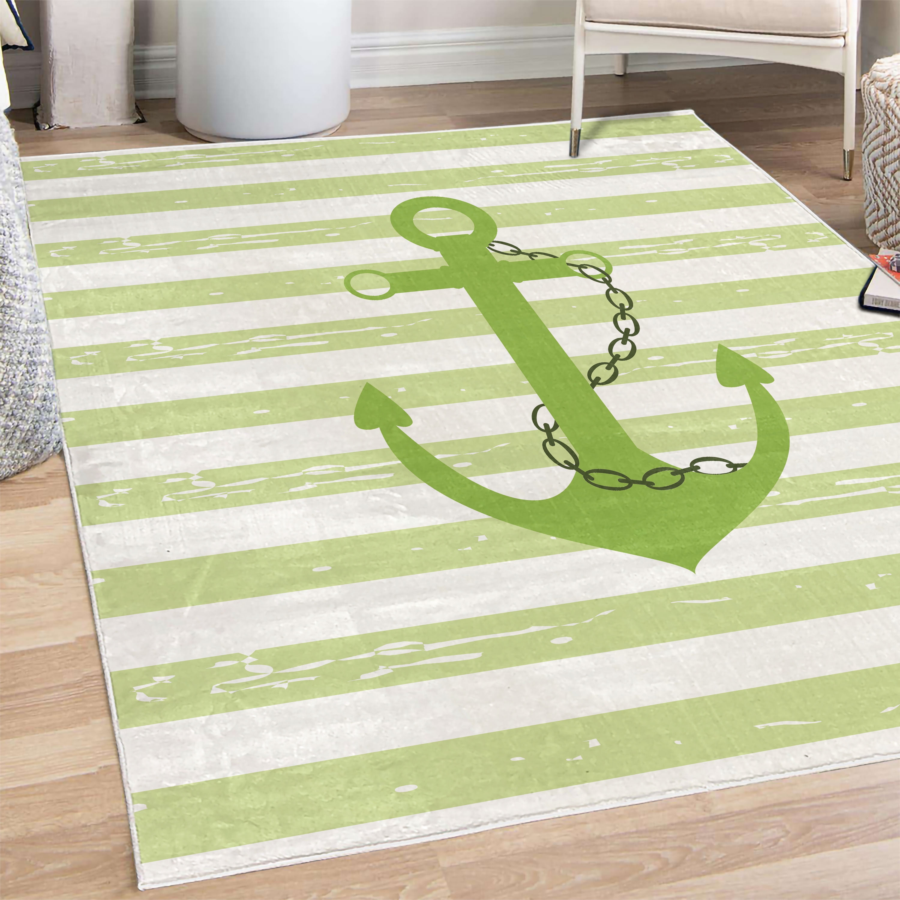 Striped Decorative Rug, Ship Anchor Chain Marine Life Inspired Lines ...