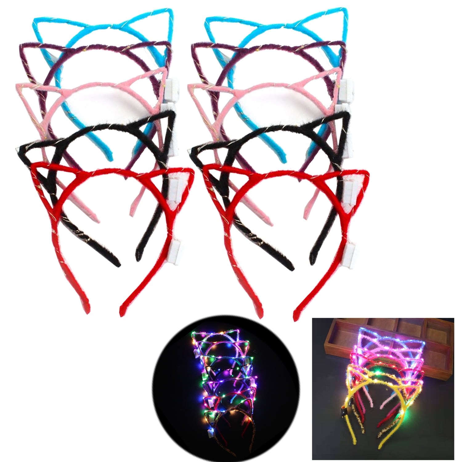8 PCS LED Cat Ear Light Up Headband, Flashing LED Glow Hairbands Glow ...
