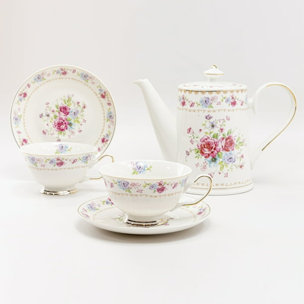 Gracie China Floral Bouquet Tea Set, 34-Ounce / 7-Ounce, Pink, Blue ...