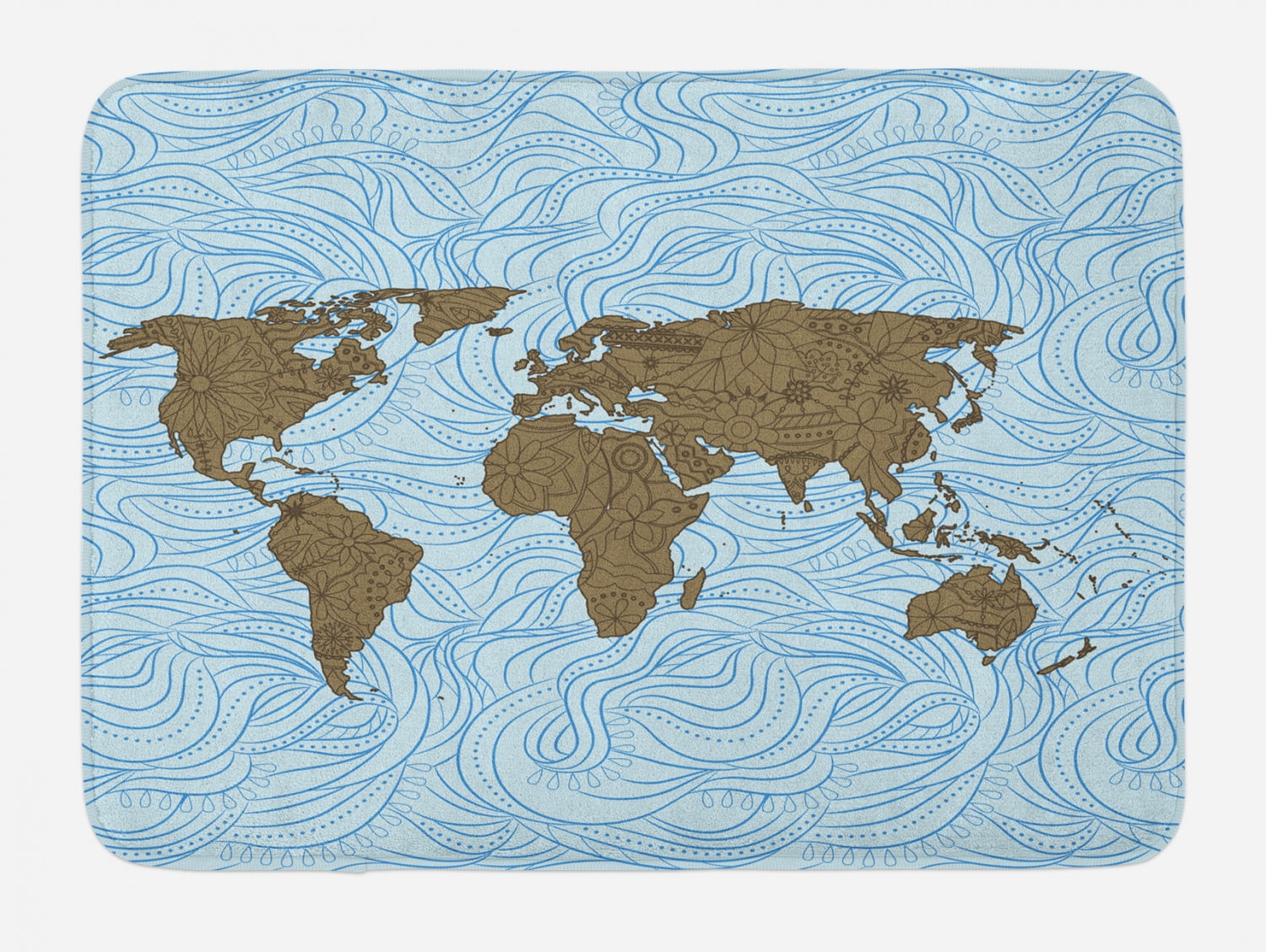 Floral World Map Bath Mat, World Map with Wavy Ocean Lines Flower ...