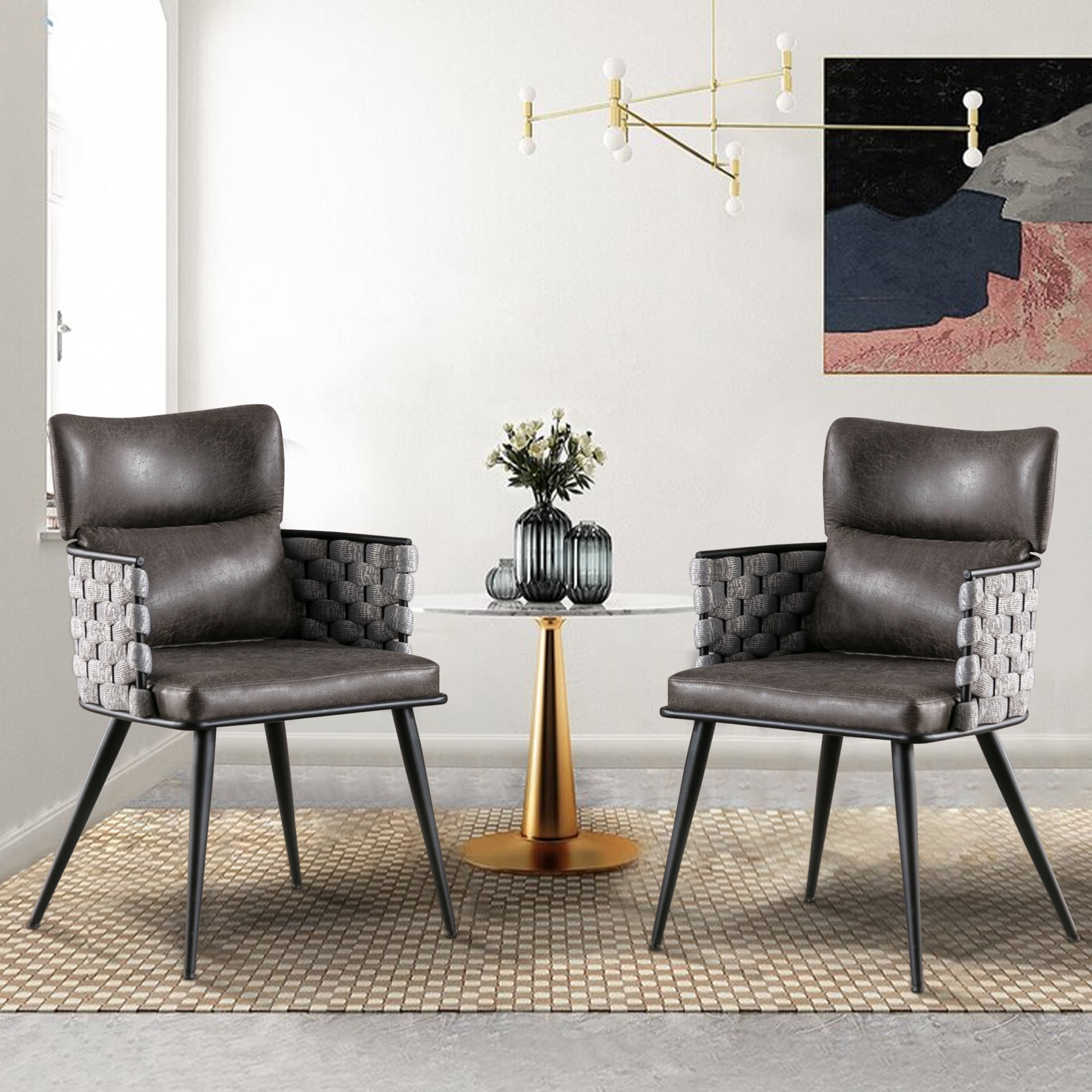 BFZ Set of 2 Mid-Century Modern Dining Chairs, Faux Leather Woven ...