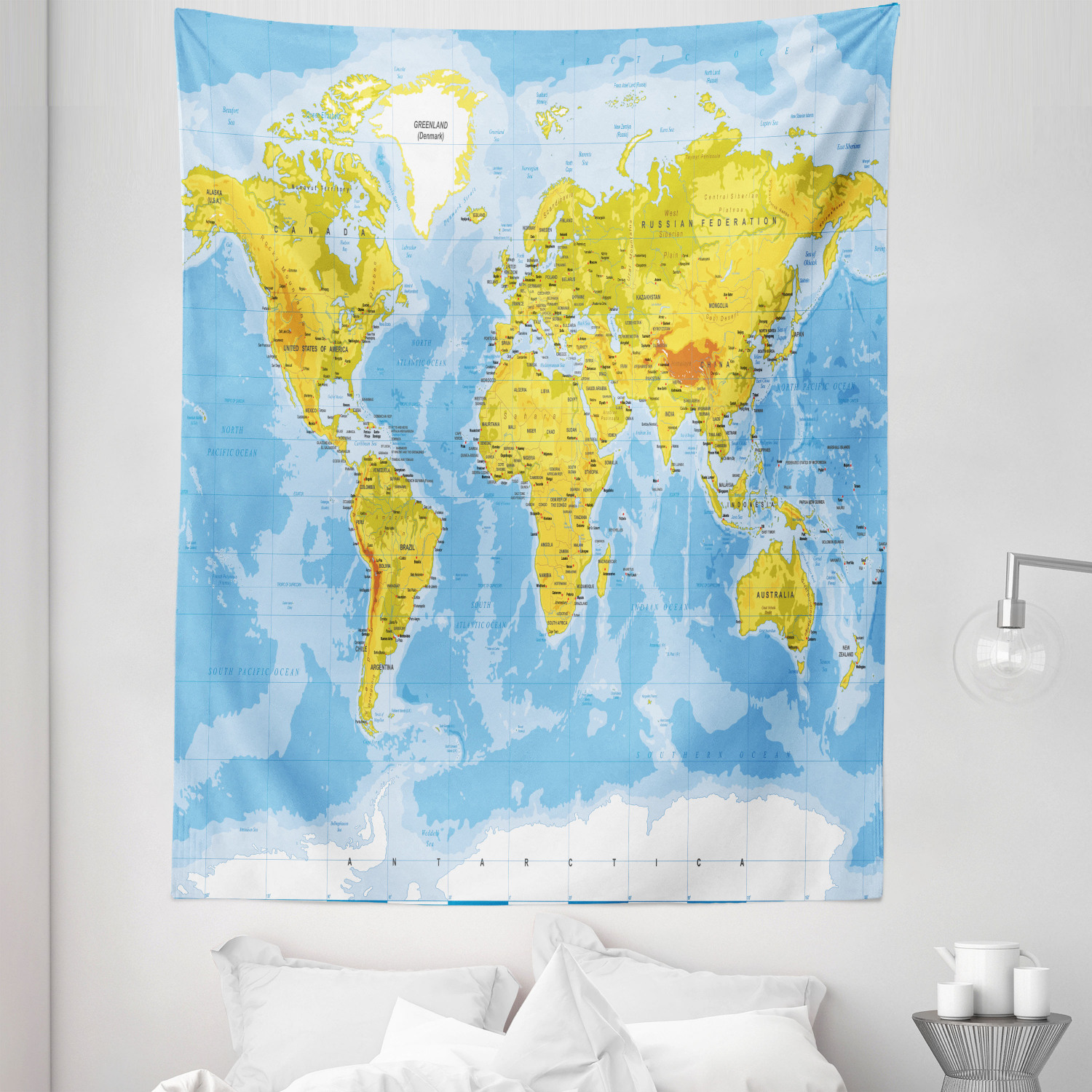Map Tapestry, Political Topographic Colored World Continents and ...