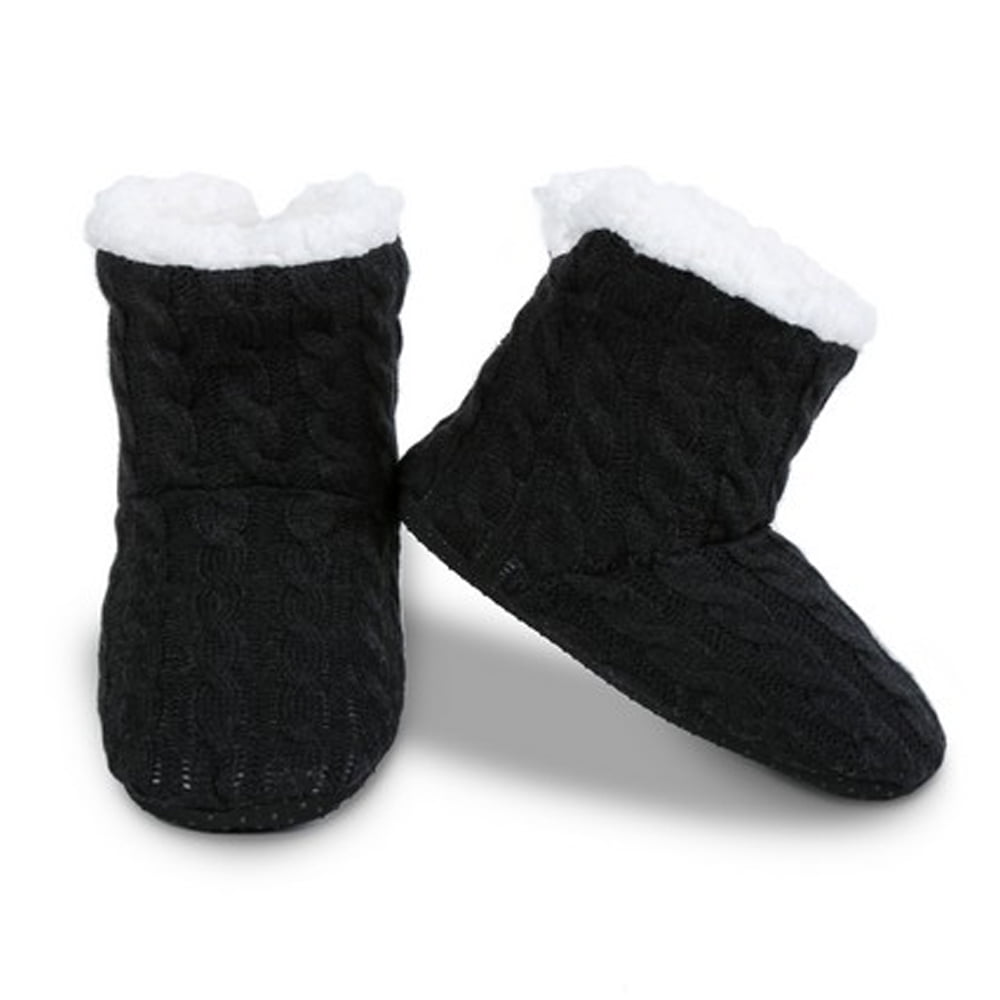 Girls Kids Cable Knit Slippers House Booties Socks Soft Sherpa Lining ...