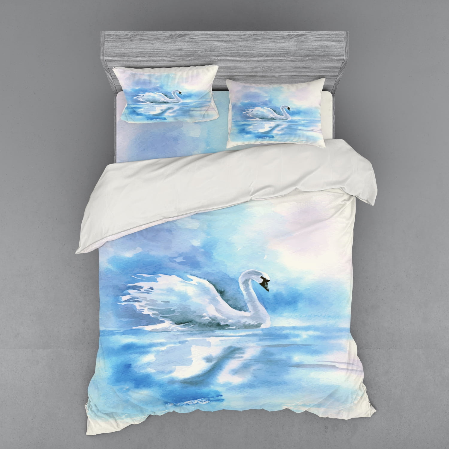 Swan Duvet Cover Set, Watercolor Drawing Picture of Swan in the River ...