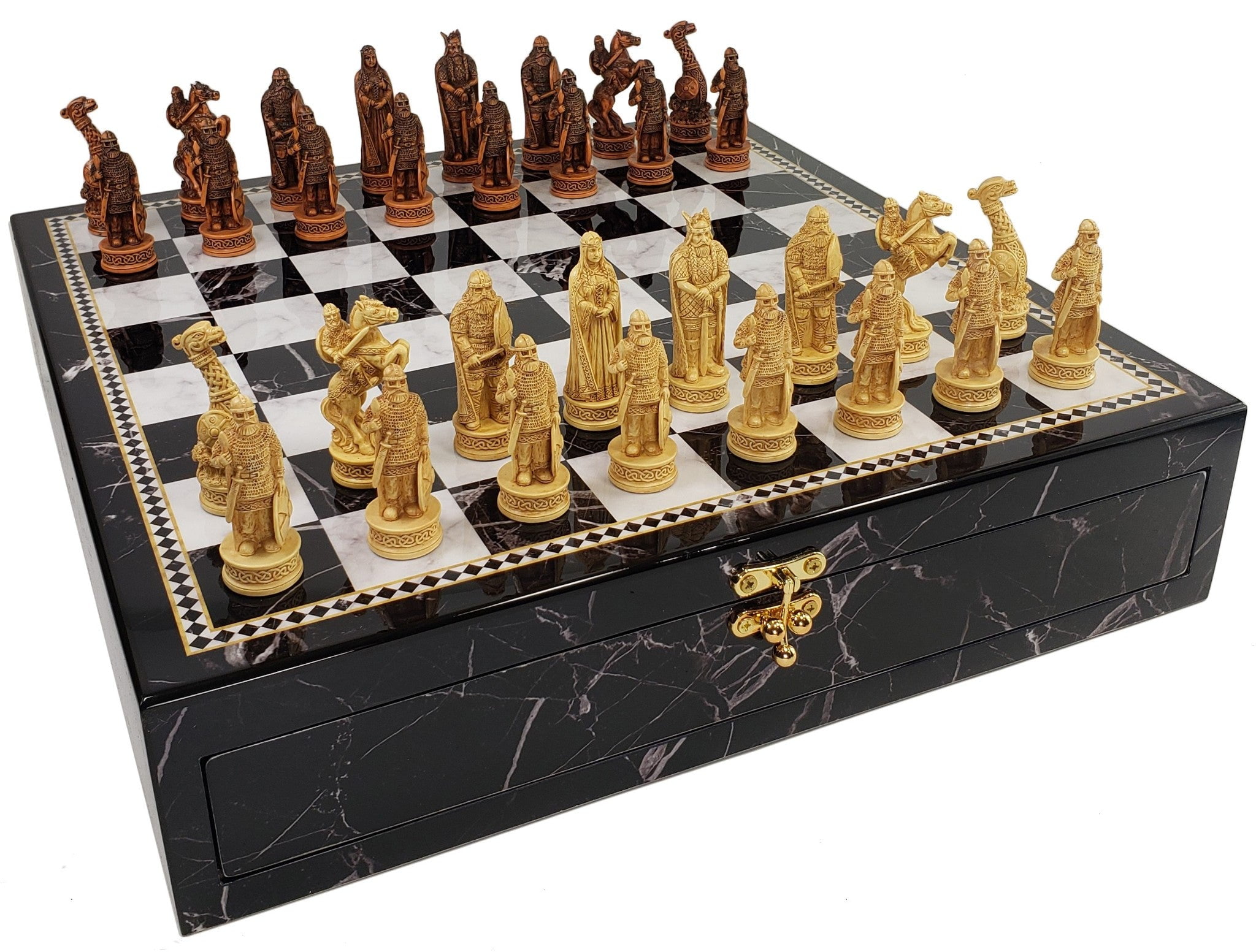 Antique White & Brown Norse Viking Chess Set 17" Black Faux Marble ...