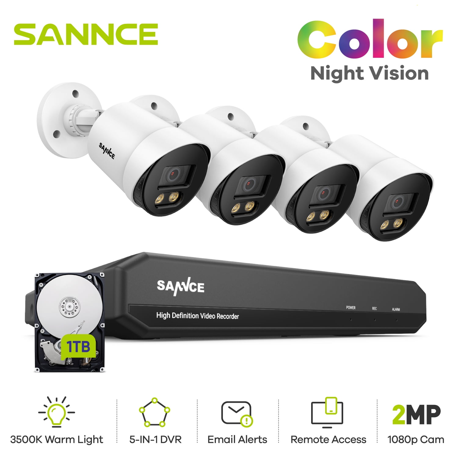 SANNCE 4CH 1080p Outdoor Home Security Camera System 5-in-1 CCTV DVR ...