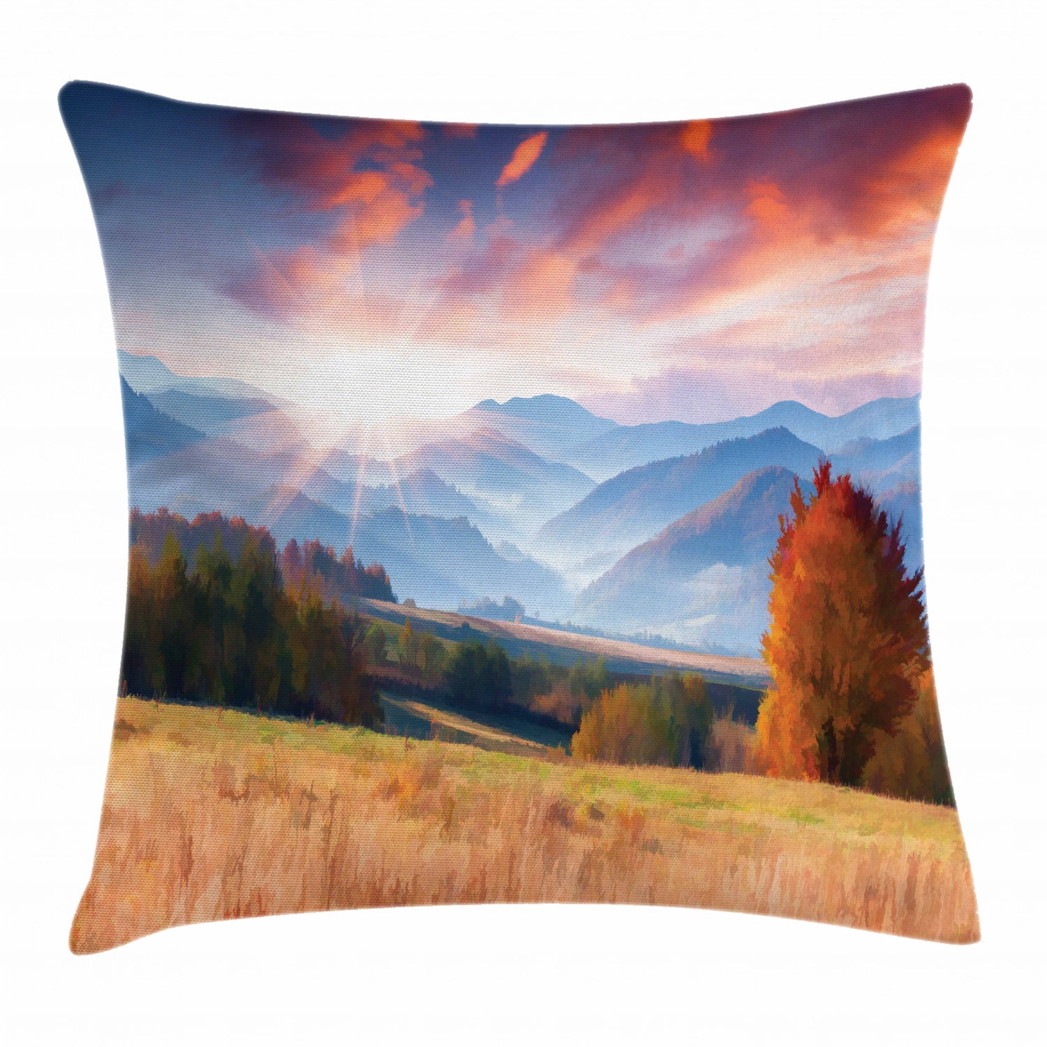 Autumn Throw Pillow Cushion Cover, Colorful Scene with Tree Wheat Field ...