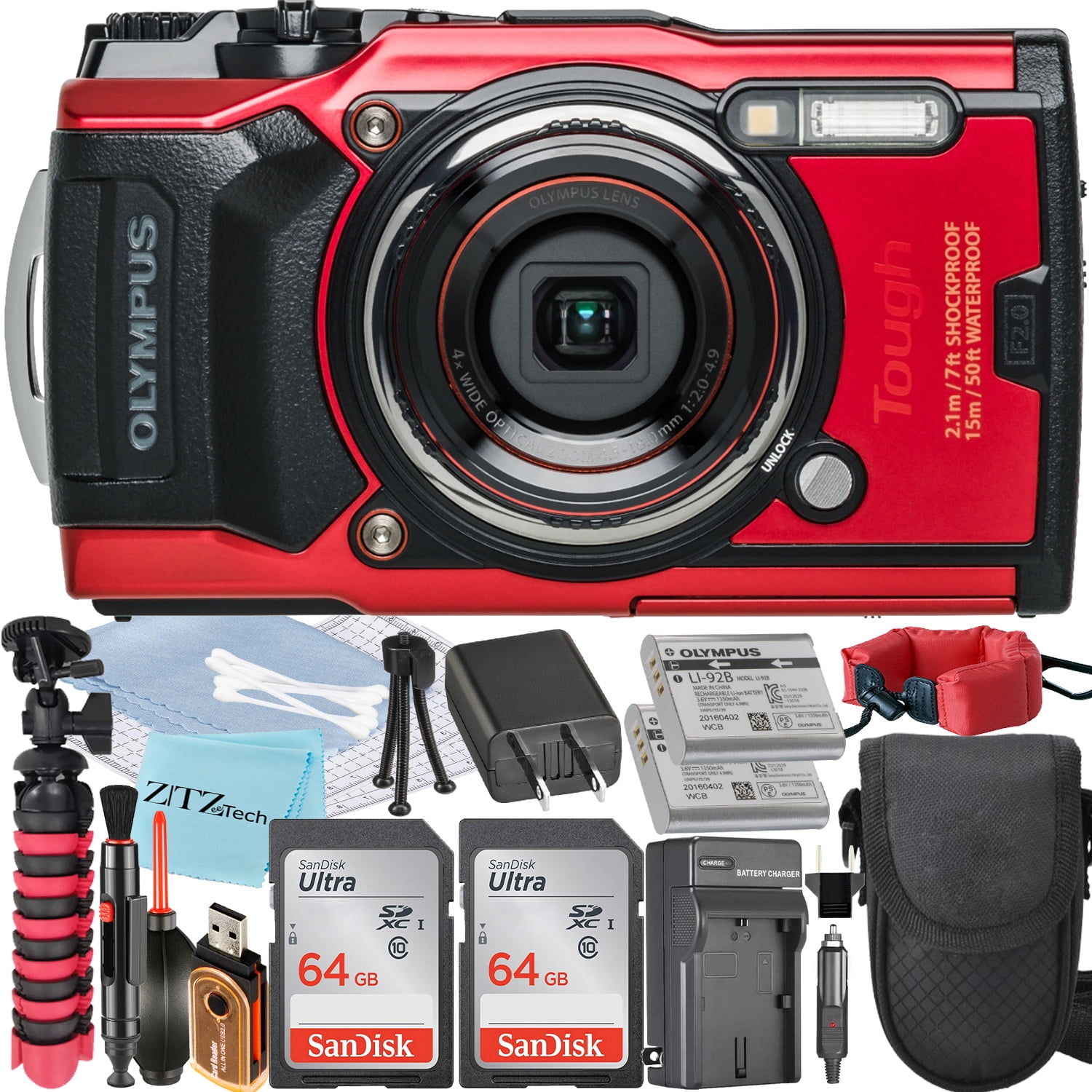 Olympus Tough TG-6 Digital Camera (Red) + 2 Pieces SanDisk 64GB Memory ...