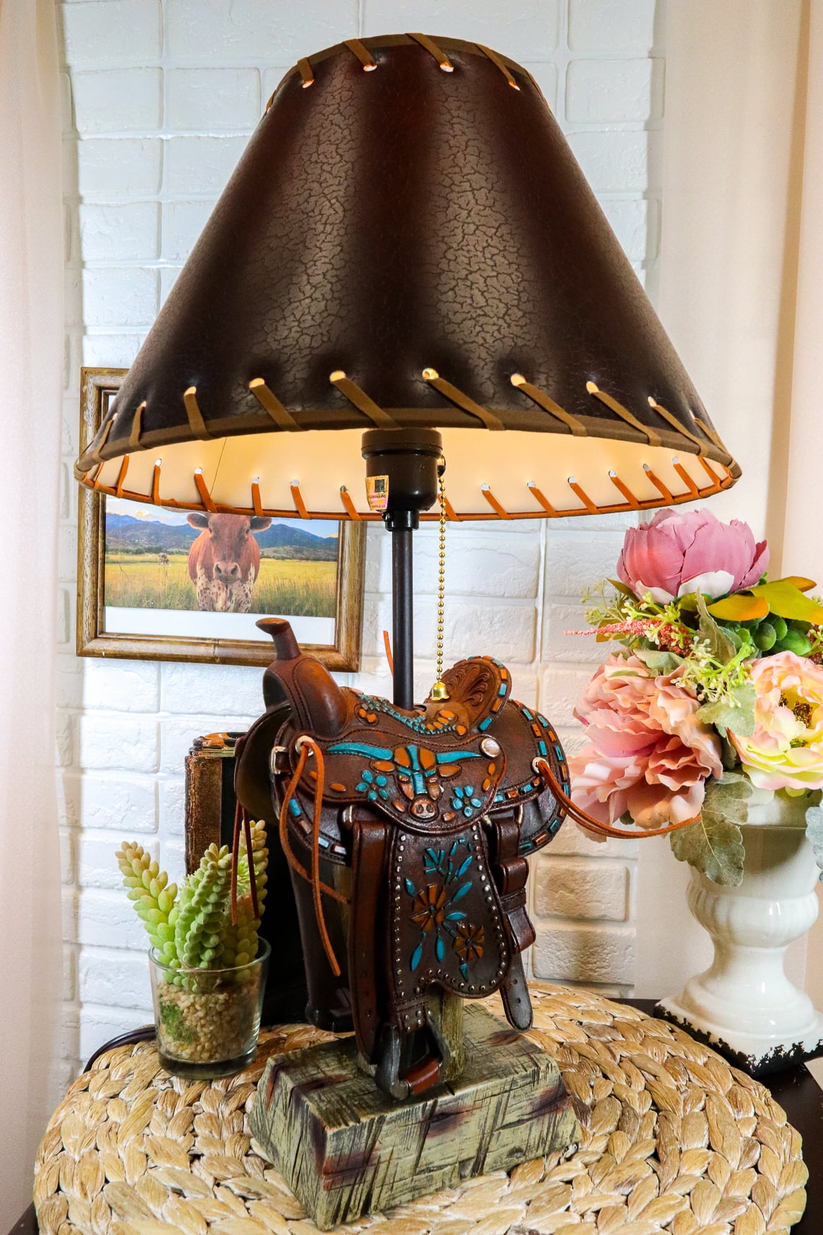 Western Cowboy Faux Tooled Leather Turquoise Art Horse Saddle Table ...
