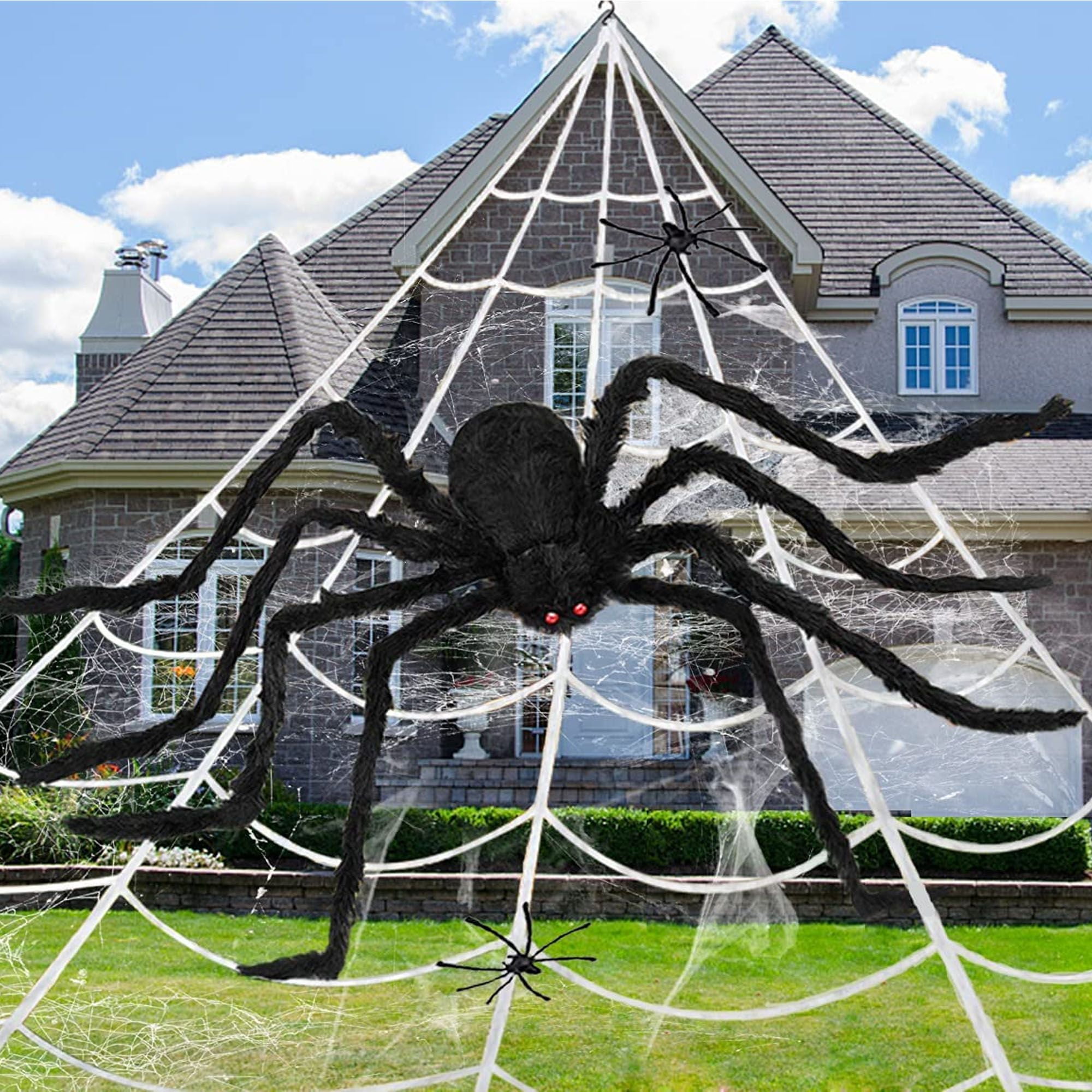 Deago 197" Halloween Spider Web + 59" Giant Spider Decorations Fake ...
