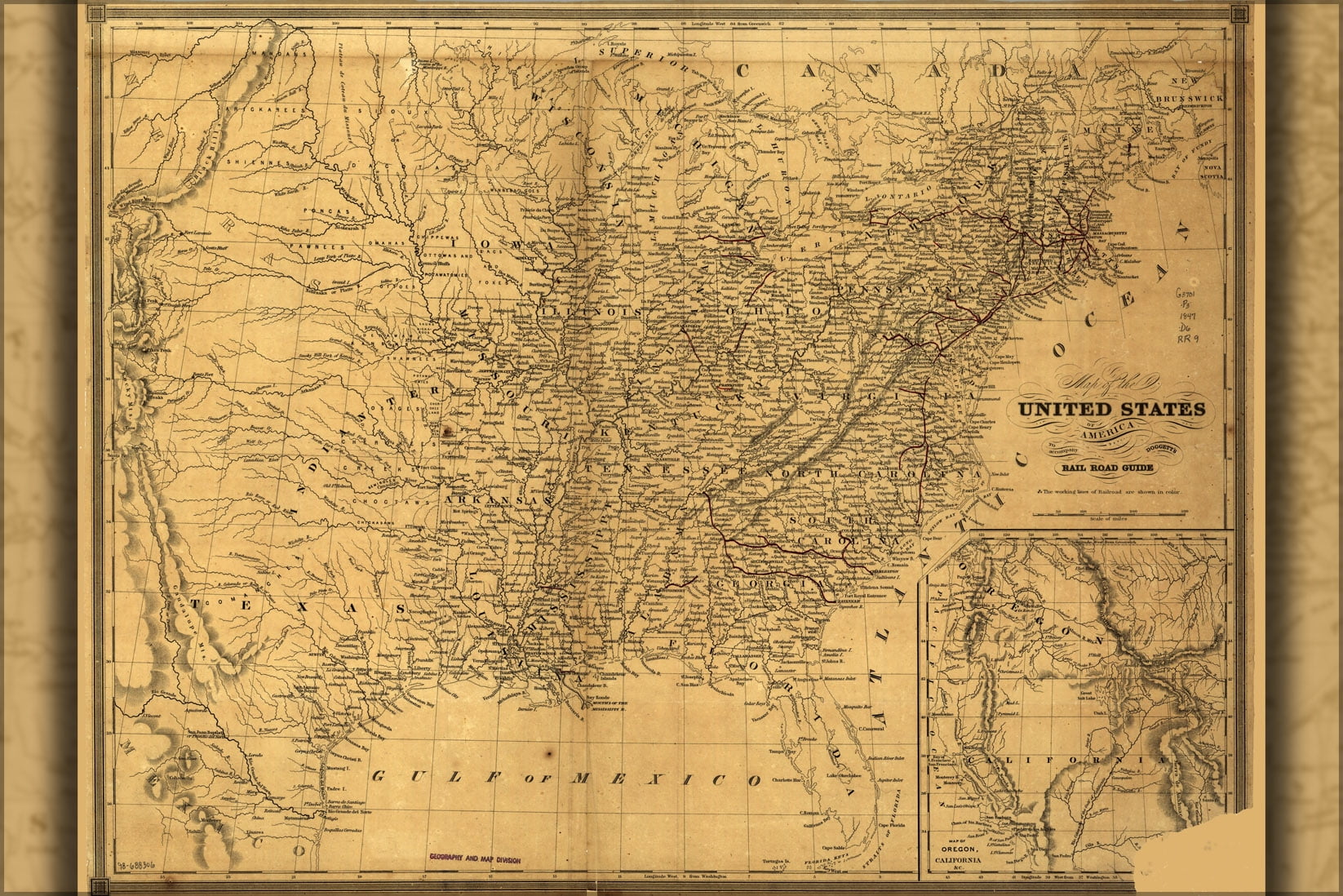 24"x36" Gallery Poster, Map of the United States of America 1847 ...