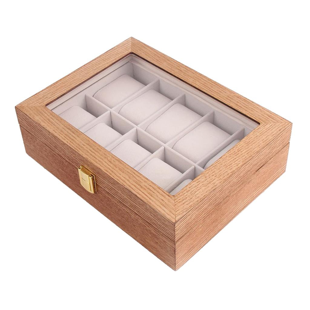 10 Slots Box Glass Top Wood Display Case, Jewelry Storage Light Brown ...