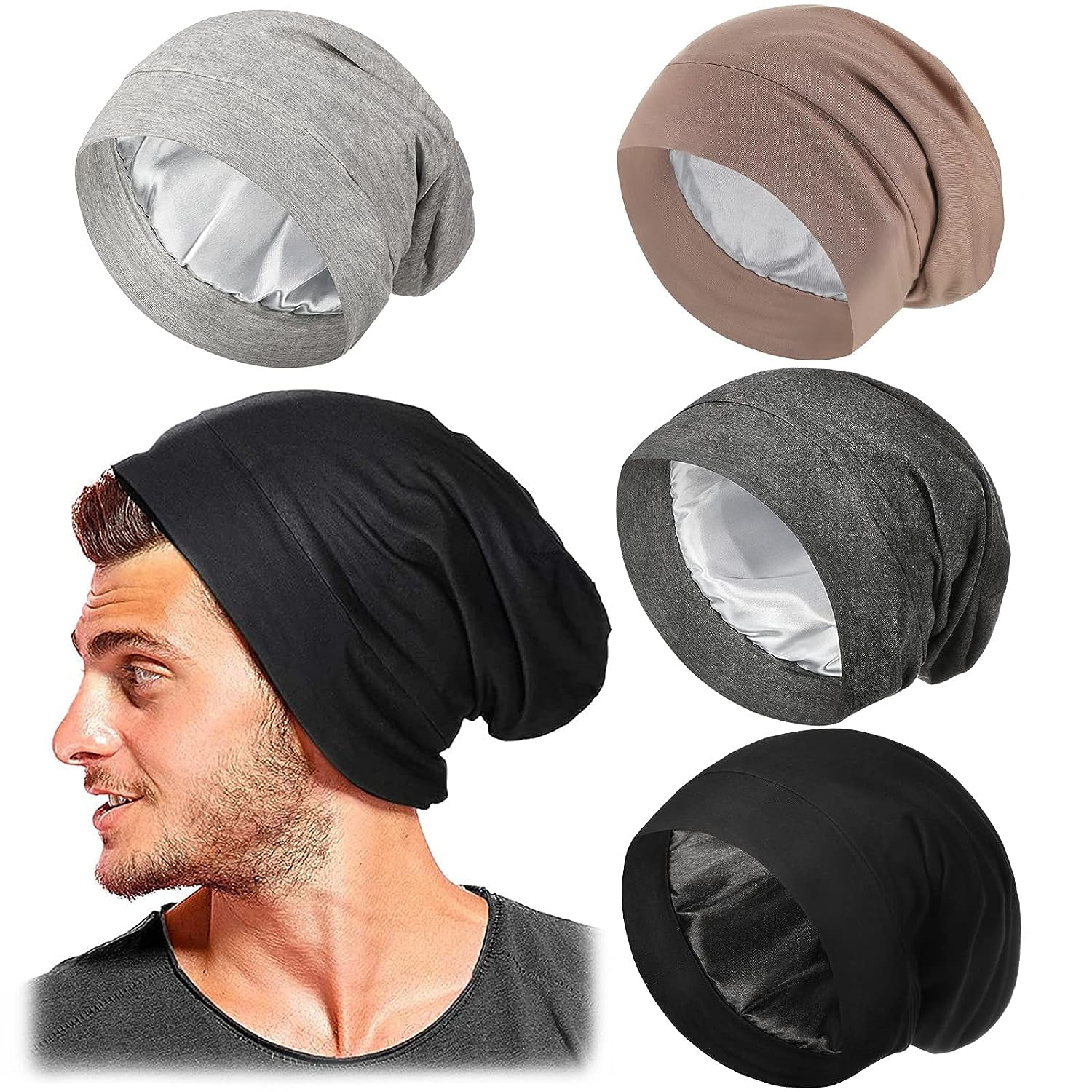 4 Pieces Hair Bonnet for Men Silk Satin Sleep Cap Cover Night Sleeping ...
