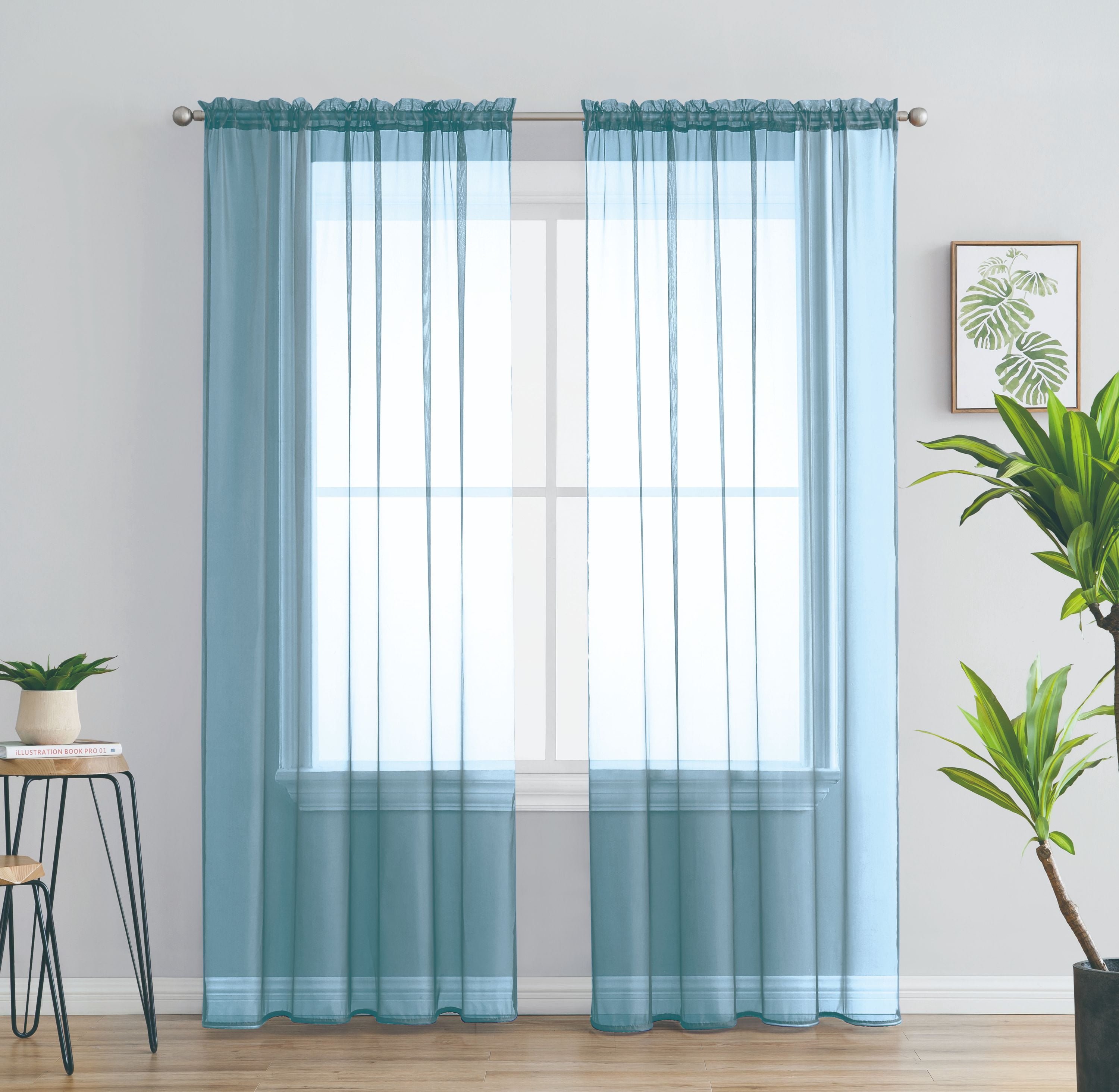 2 Piece Solid Rod Pocket Sheer Window Curtains Sheer Slate Blue ...