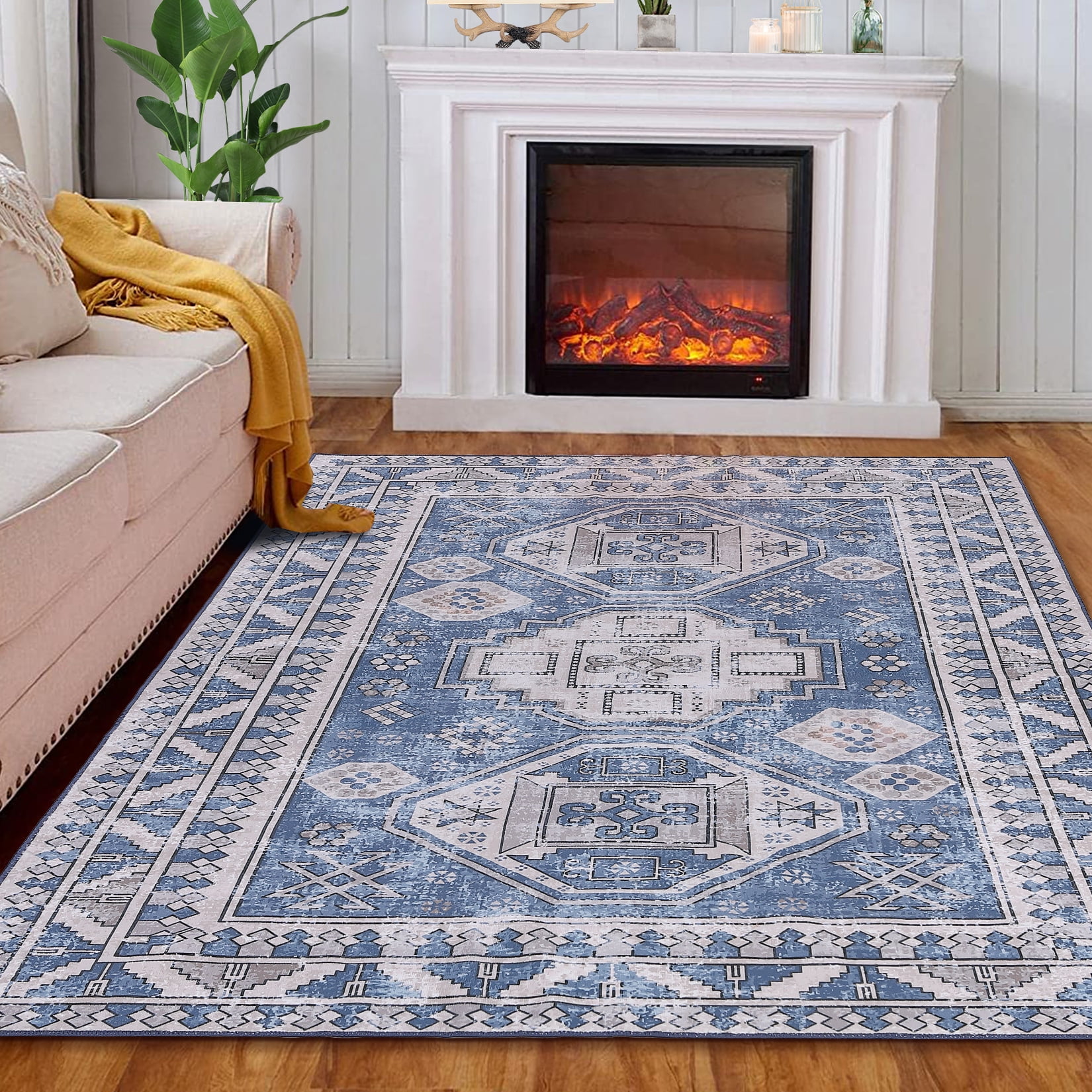 Area Rug, Machine Washable Persian Vintage Medallion Distressed Area ...