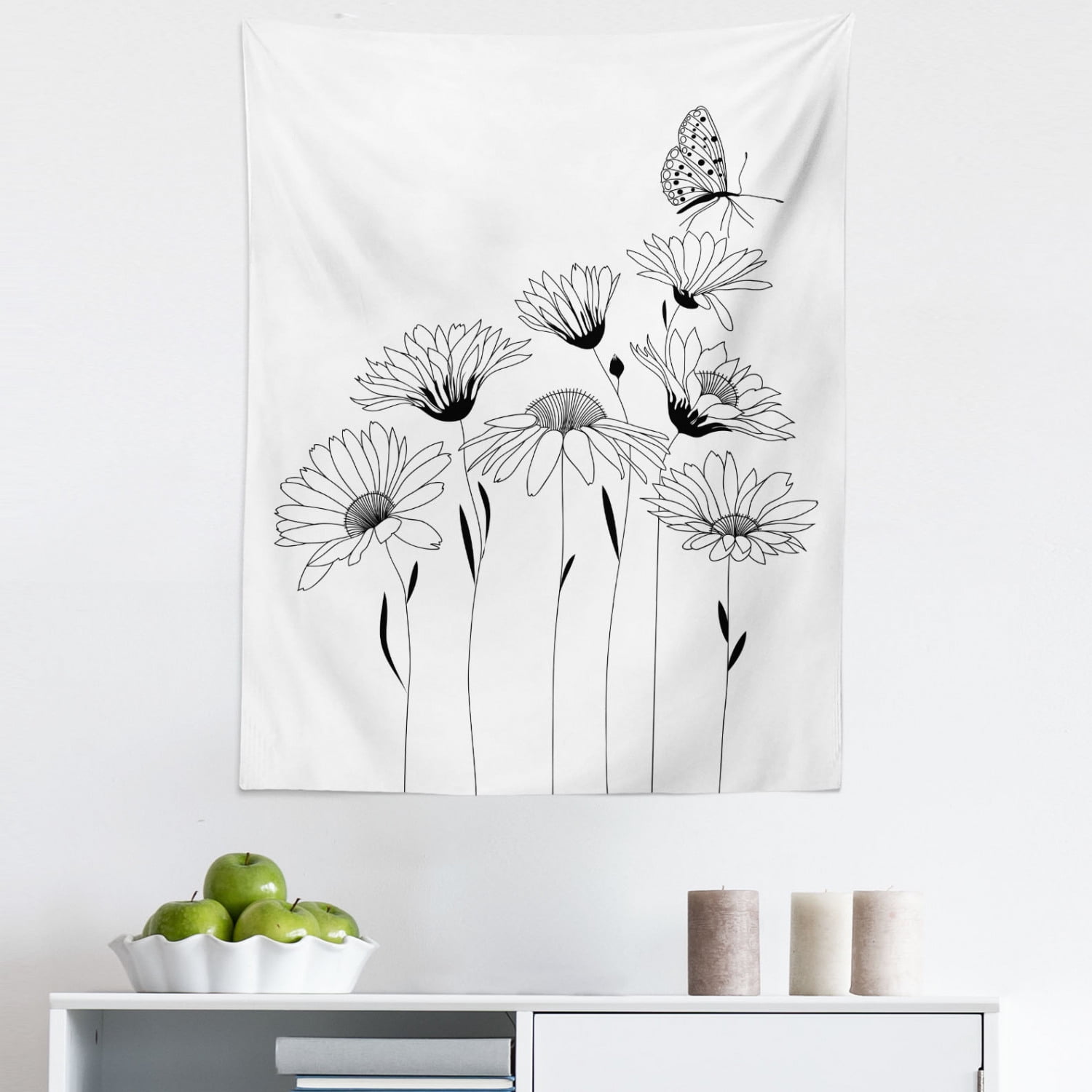 Daisy Tapestry, Sketch Style Composition of Flowers and Butterfly ...