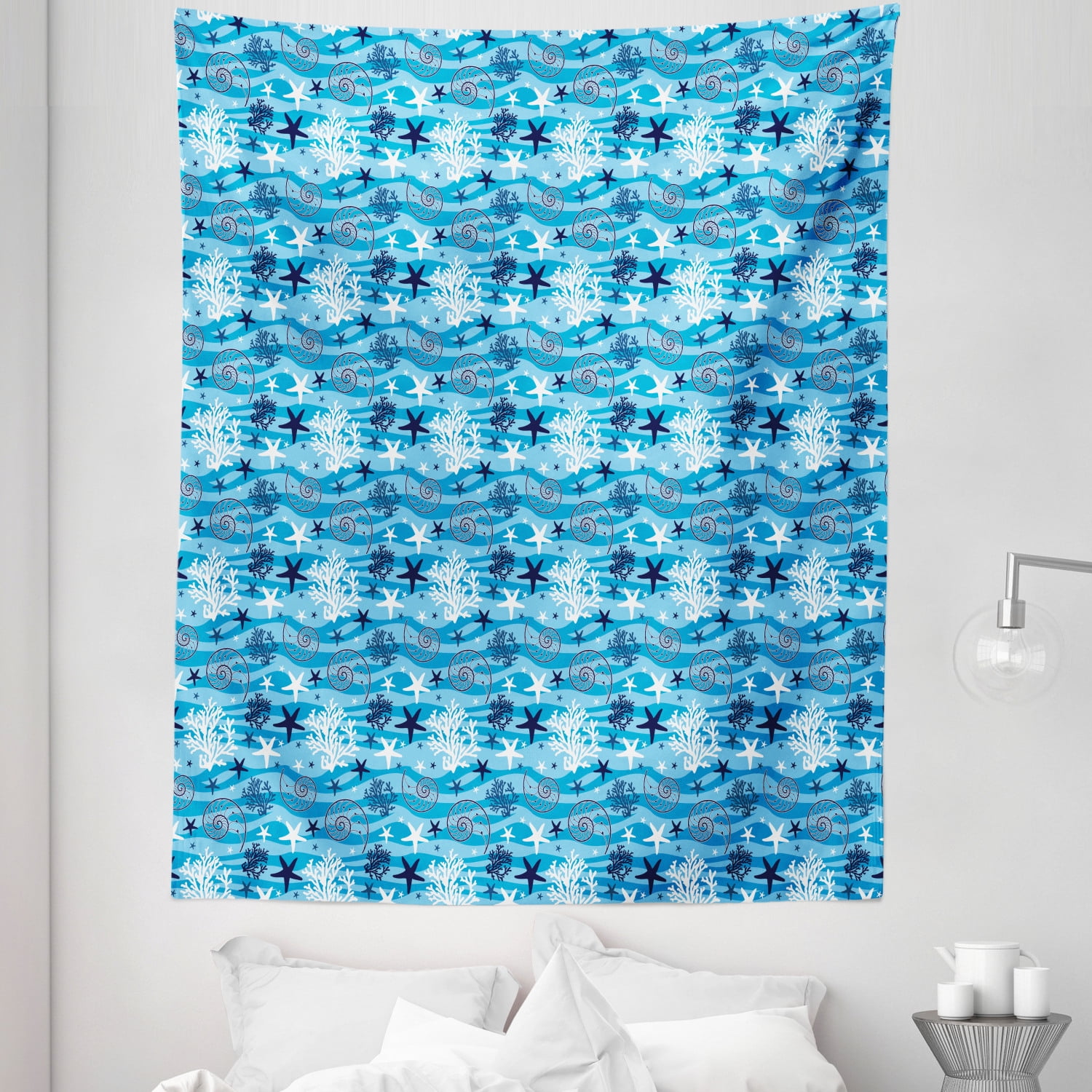 Sea Shells Tapestry, Abstract Horizontal Wavy Lines with Starfish ...