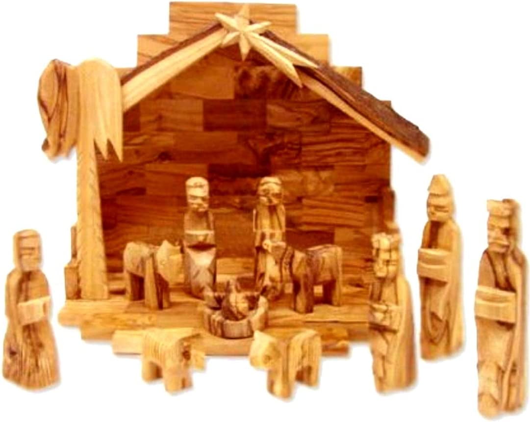 Olive Wood Miniature Set with Stable 12 pieces (Bark Roof Stable ...