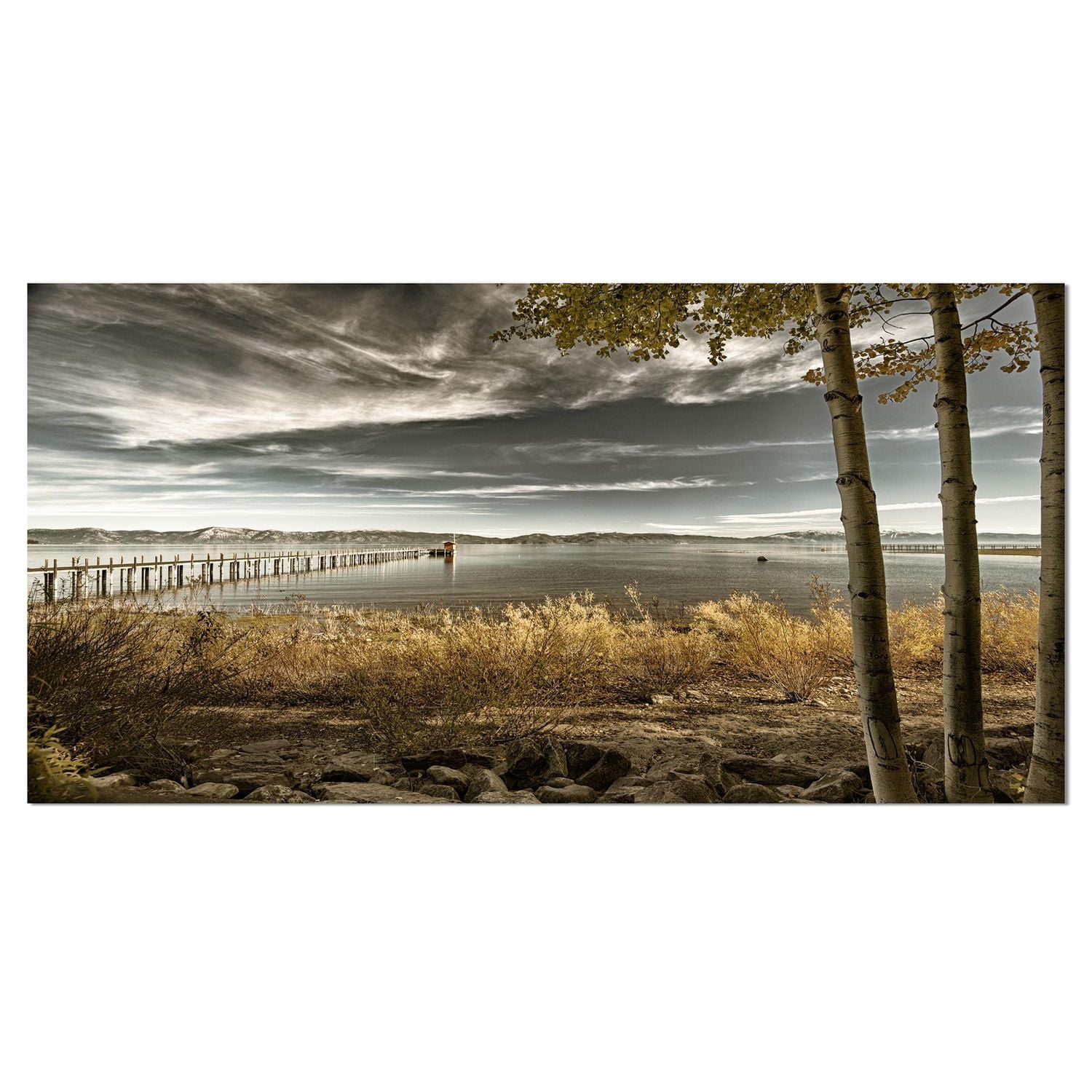 Click here for Designart Pier In Brown Lake Canvas Wall Art 60 In prices