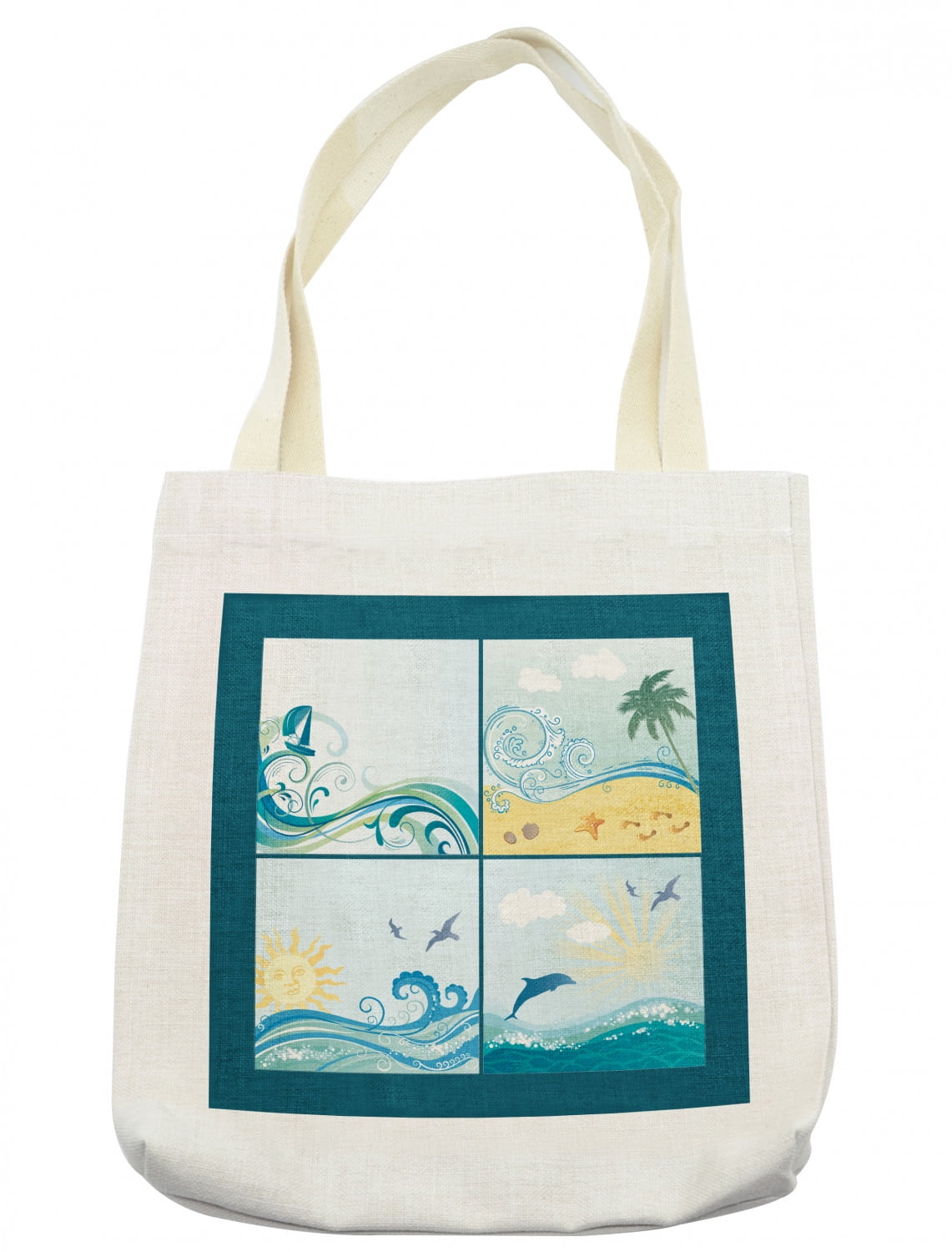 Beach Tote Bag, Maritime Themed Frames with Waves Sun Trees Dolphins ...