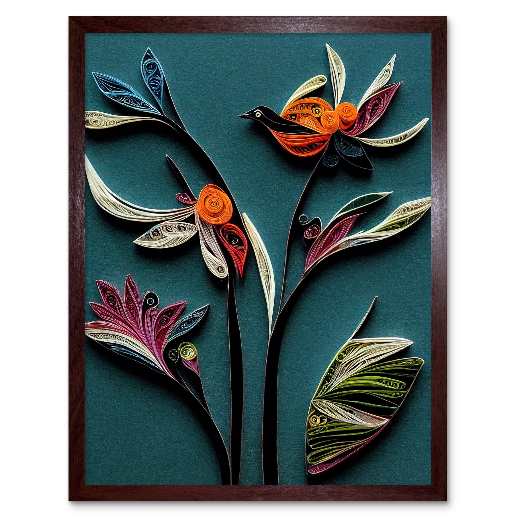 Modern Paper Quilling Bird on Exotic Flower Plant Leaves Blue Orange ...