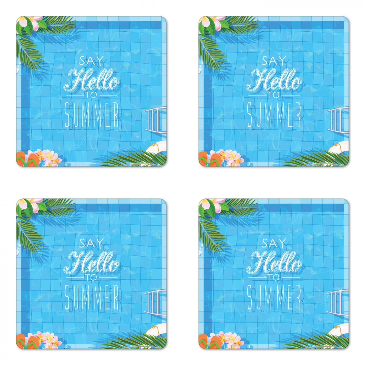 Saying Coaster Set of 4, Say Hello to the Summer Slogan on a Pool with ...