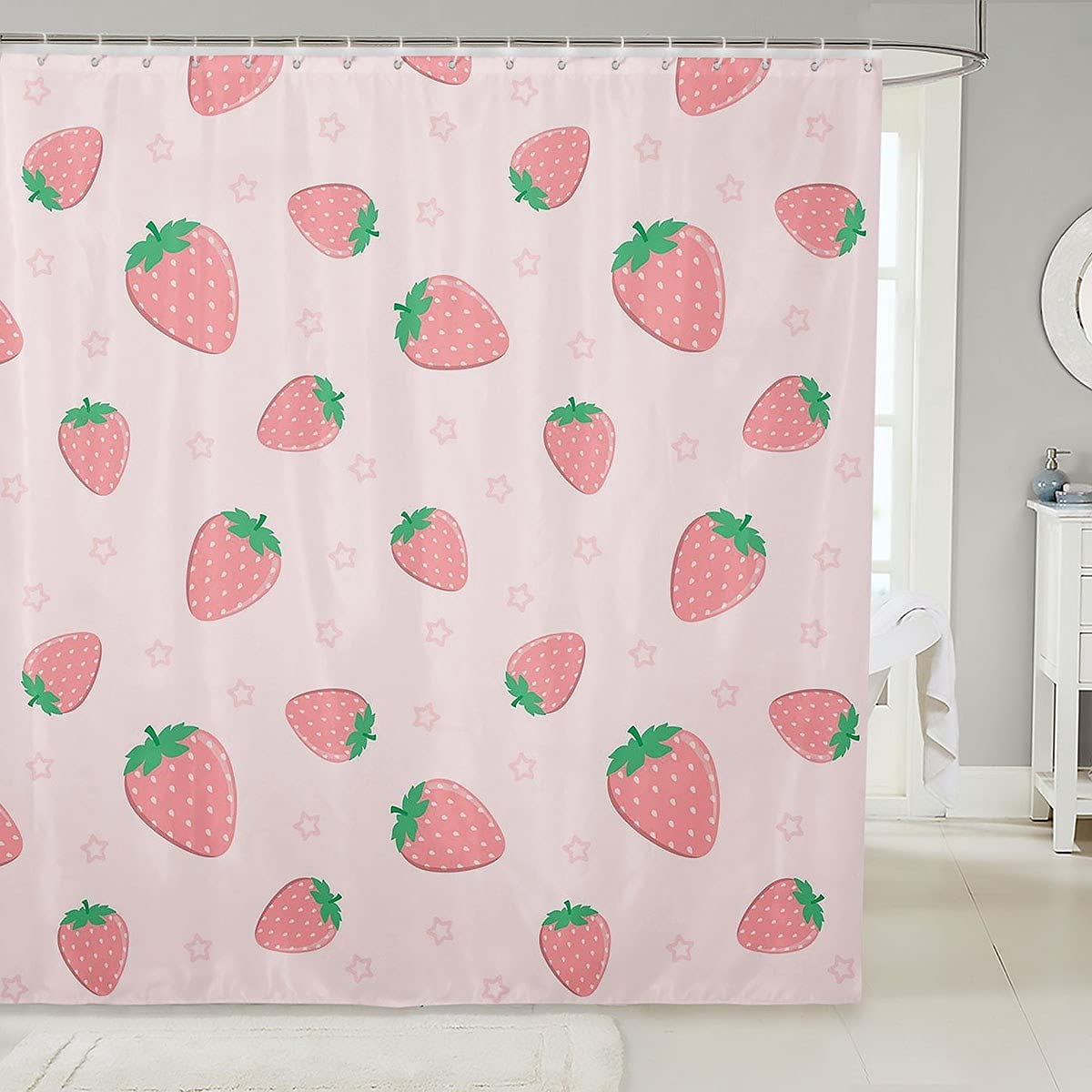 Strawberry Print Bathroom Curtain Kids Girls Kawaii Pink Strawberry ...