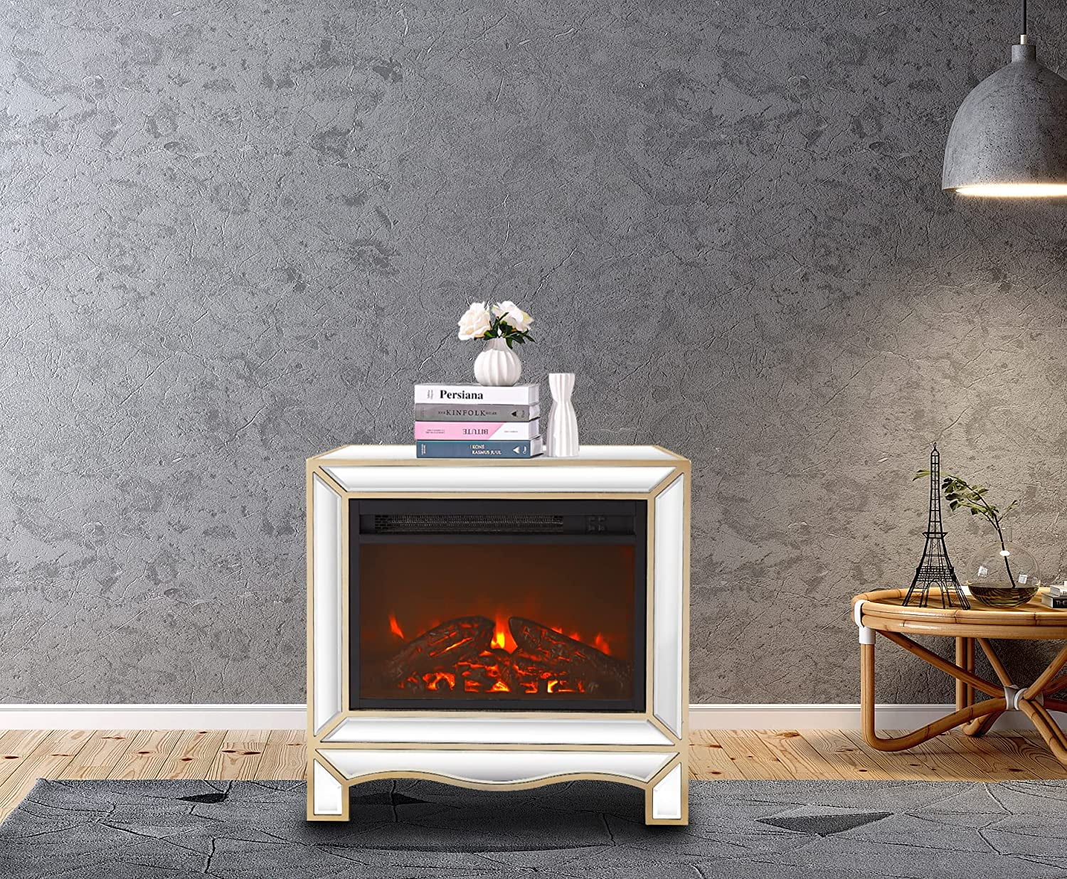 Buy IKIFLY Mirrored Electric Fireplace Nightstand, Golden Lines Mantel ...