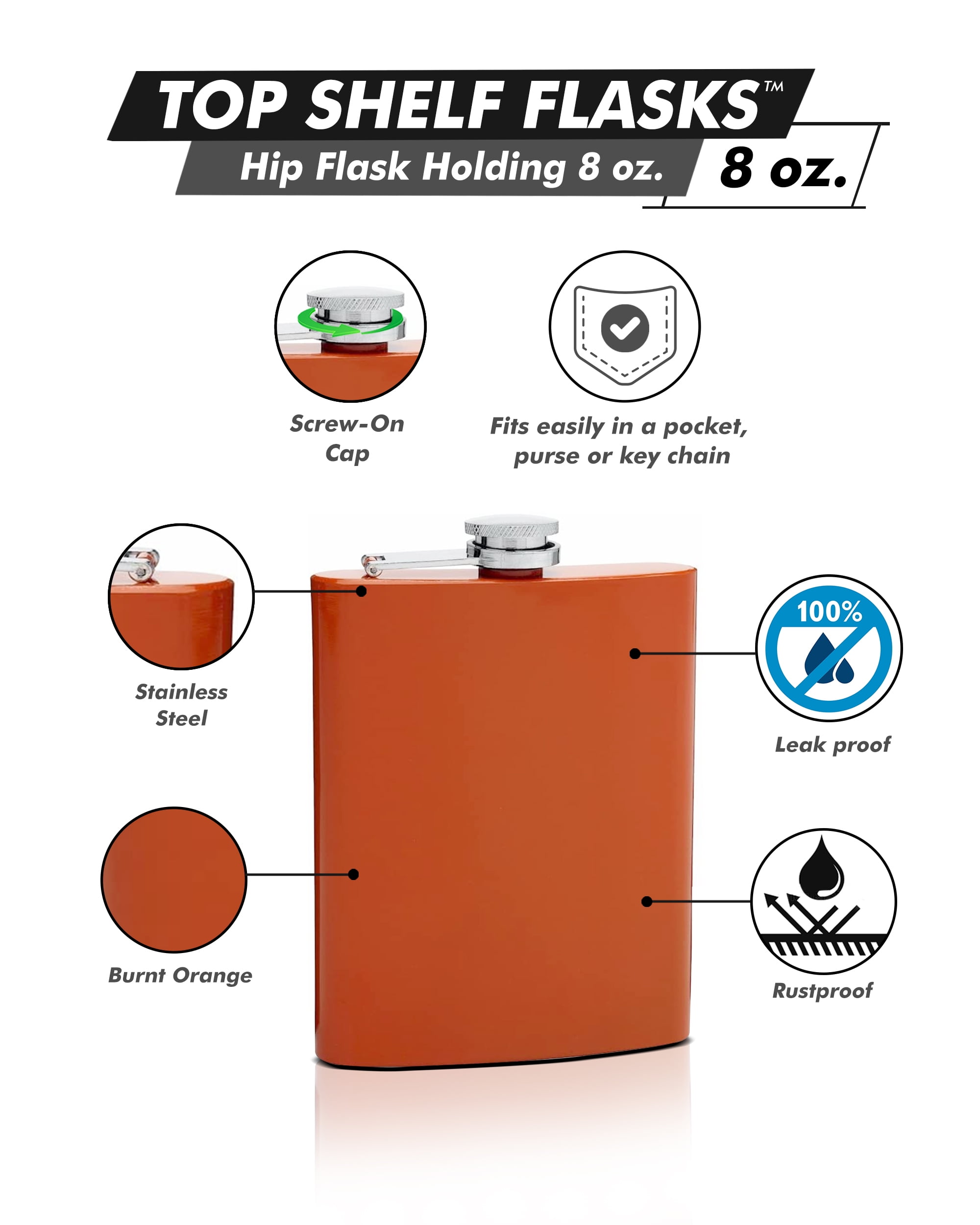 Burnt Orange 8oz Powder Coat PaintedHip Flask - Walmart.com