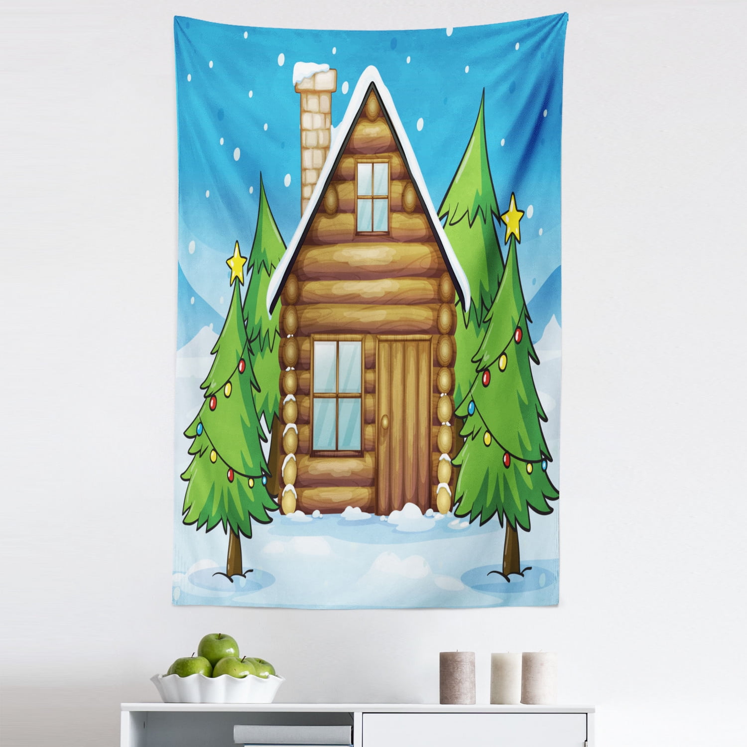 Log Cabin Tapestry, Illustration of a Cabin in Winter and Firs with ...