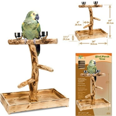 parrot bird perch table top stand metal wood 2 steel cups play medium ...