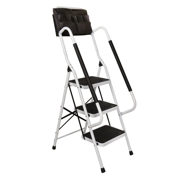 Folding 3-Step Safety Step Ladder - Padded Side Handrails - Attachable ...