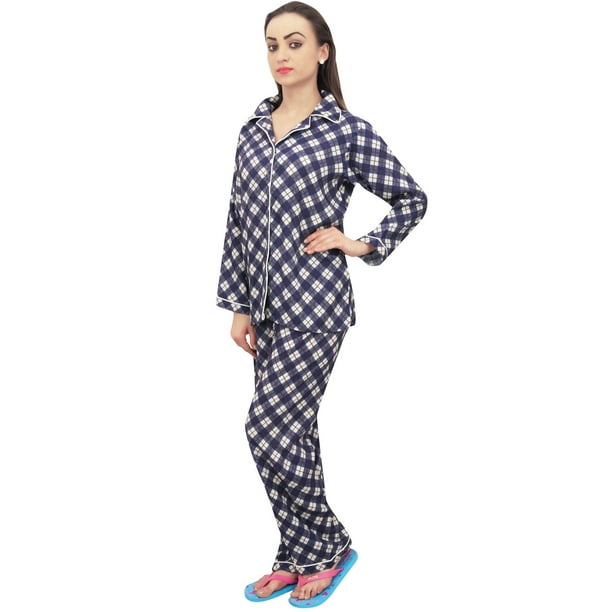 Bimba 2 Pcs Navy Blue Check Print Women's Shirt With Pajama Pants ...