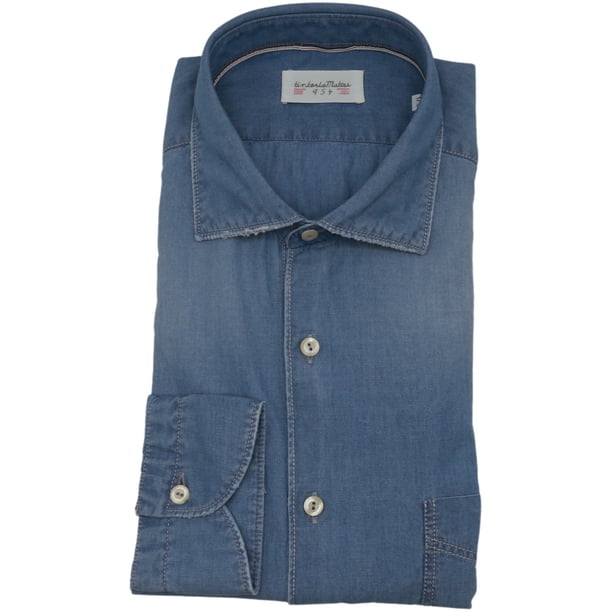 Tintoria Mattei 954 Men's Light Blue Stonewashed Denim Dress Shirt - XL ...