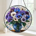 Blue Pansy Flower Glass Suncatcher Round Window Hanging, Colorful ...