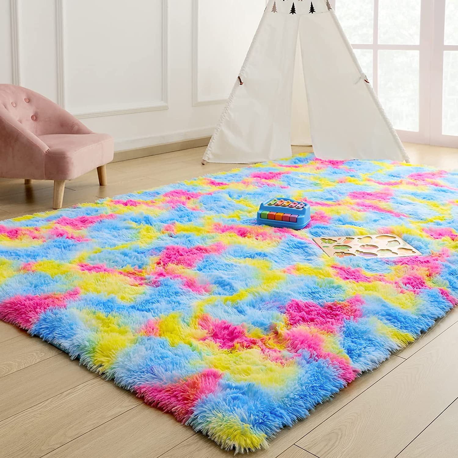 TWINNIS Shaggy Rainbow Area Rugs For KLids, Colorful Fluffy Carpet For ...