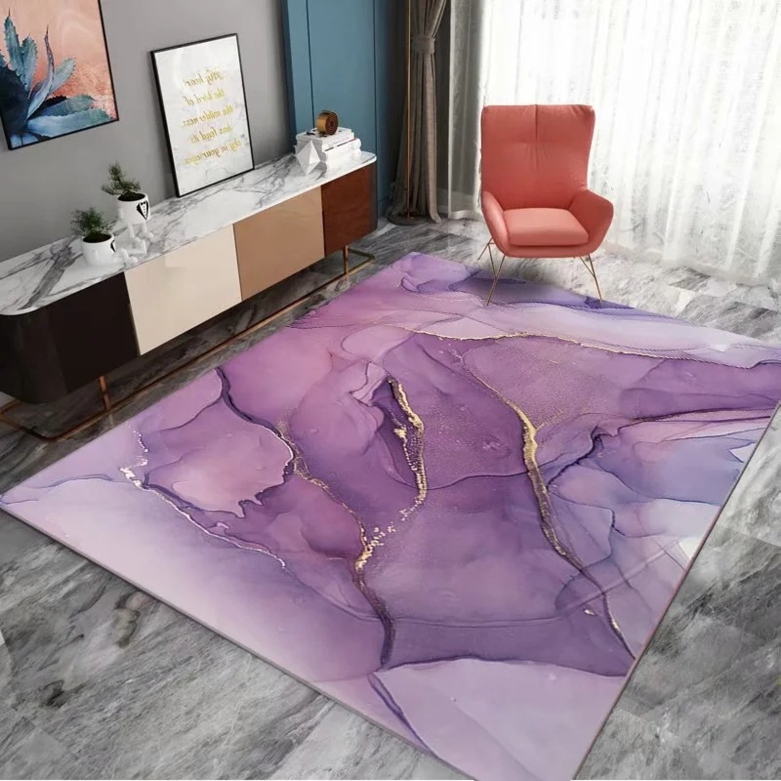 Non-Slip Area Rug Abstract Purple And Gold Marble Art Painting Rugs ...