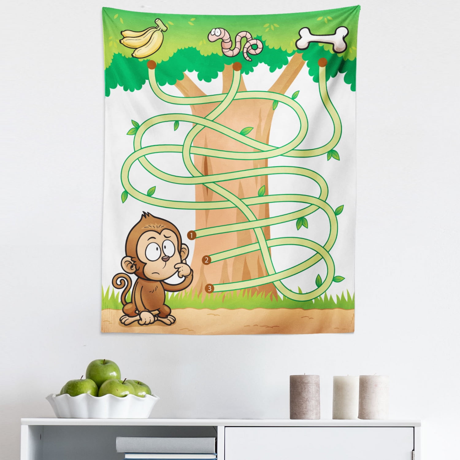 Cartoon Activity Tapestry, Curious Monkey Trying to Reach the Banana ...