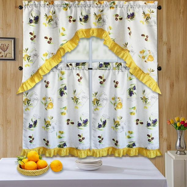 3 Piece Kitchen Curtain Swag Set, Window Treatment Olive Printed Design ...