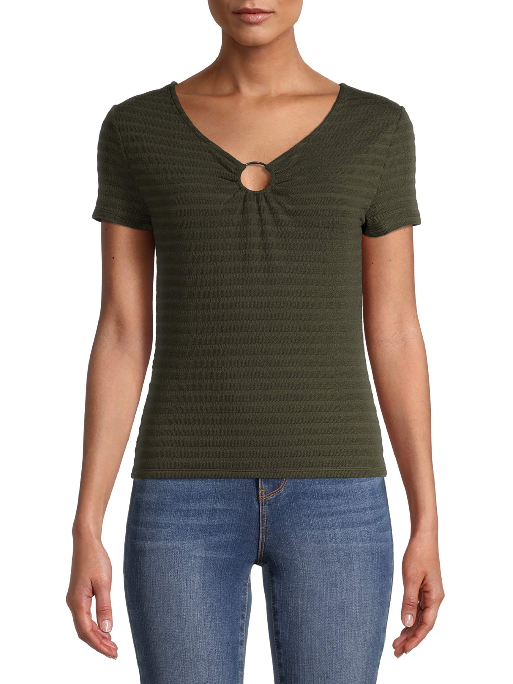 No Boundaries Juniors' Cinched V-Neck Ring Top - Walmart.com