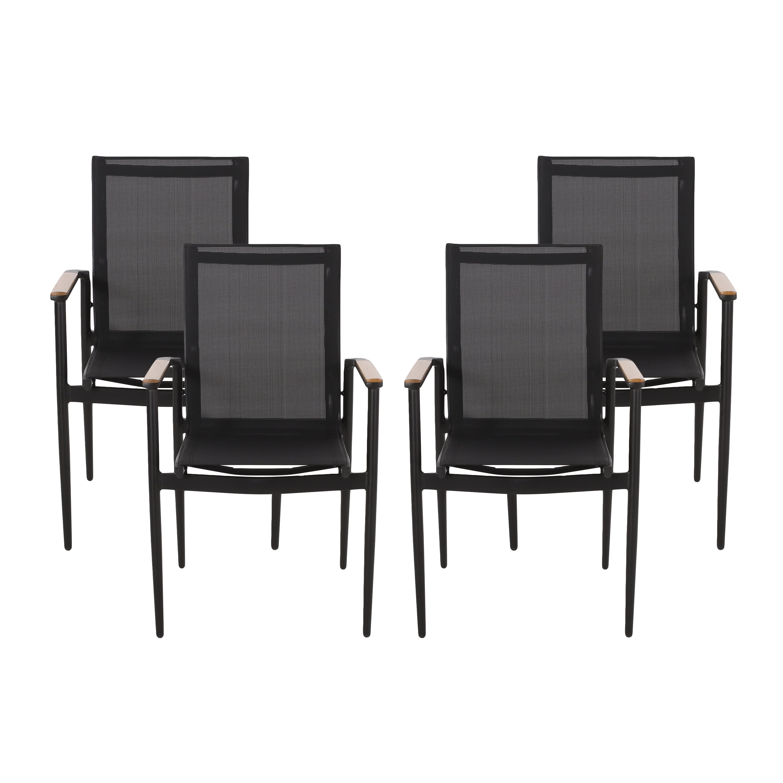 Shane Outdoor Set of 4 Mesh and Aluminum Dining Chairs, Black and ...