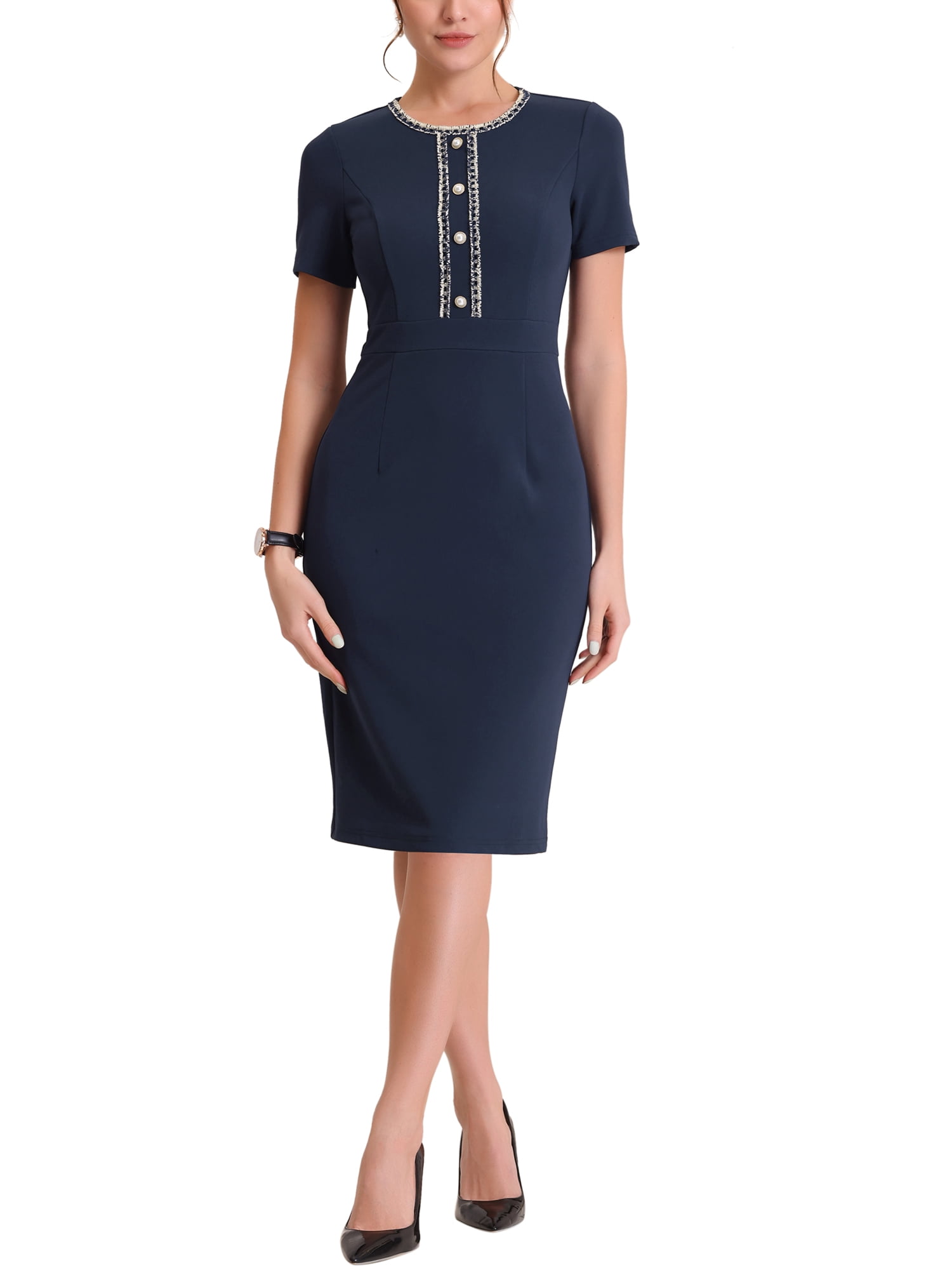 Allegra K Women's Work Business Tweed Trim Round Neck Short Sleeve ...