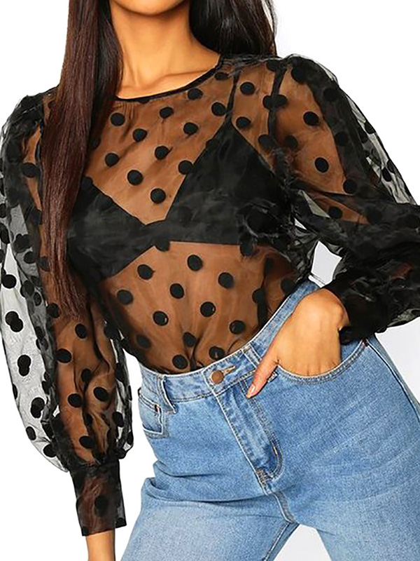 Gvmfive Gvmfive Women Polka Dot Sheer See Through Puff Sleeve Club
