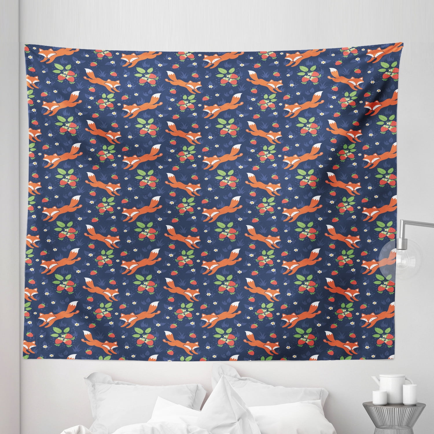 Fox Tapestry, Cartoonish Pattern with Animal and Floral Strawberry ...